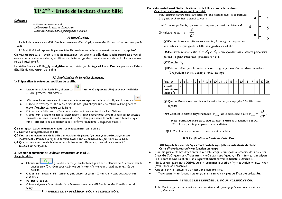 Chute d une bille tp - Cours - TP 2 nde - Etude de la chute d’une bille ...