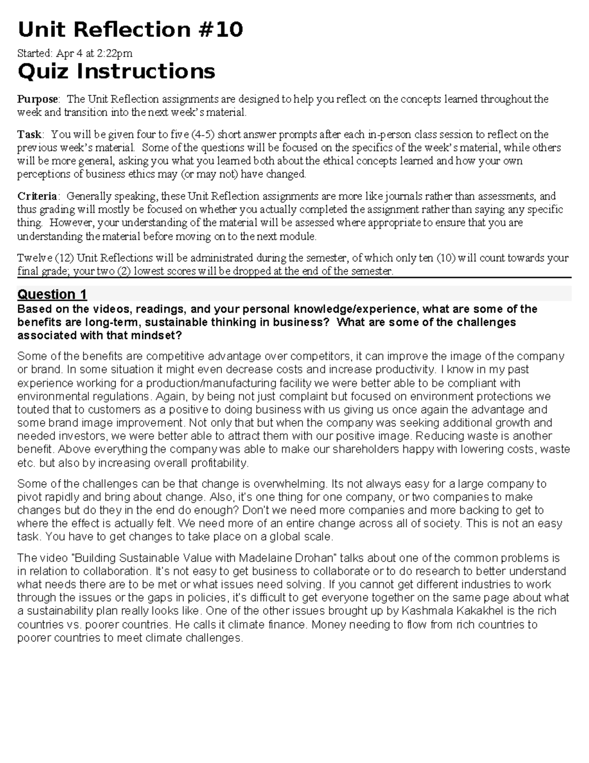 Unit Reflection #10 - Unit Reflection Started: Apr 4 at 2:22pm Quiz ...