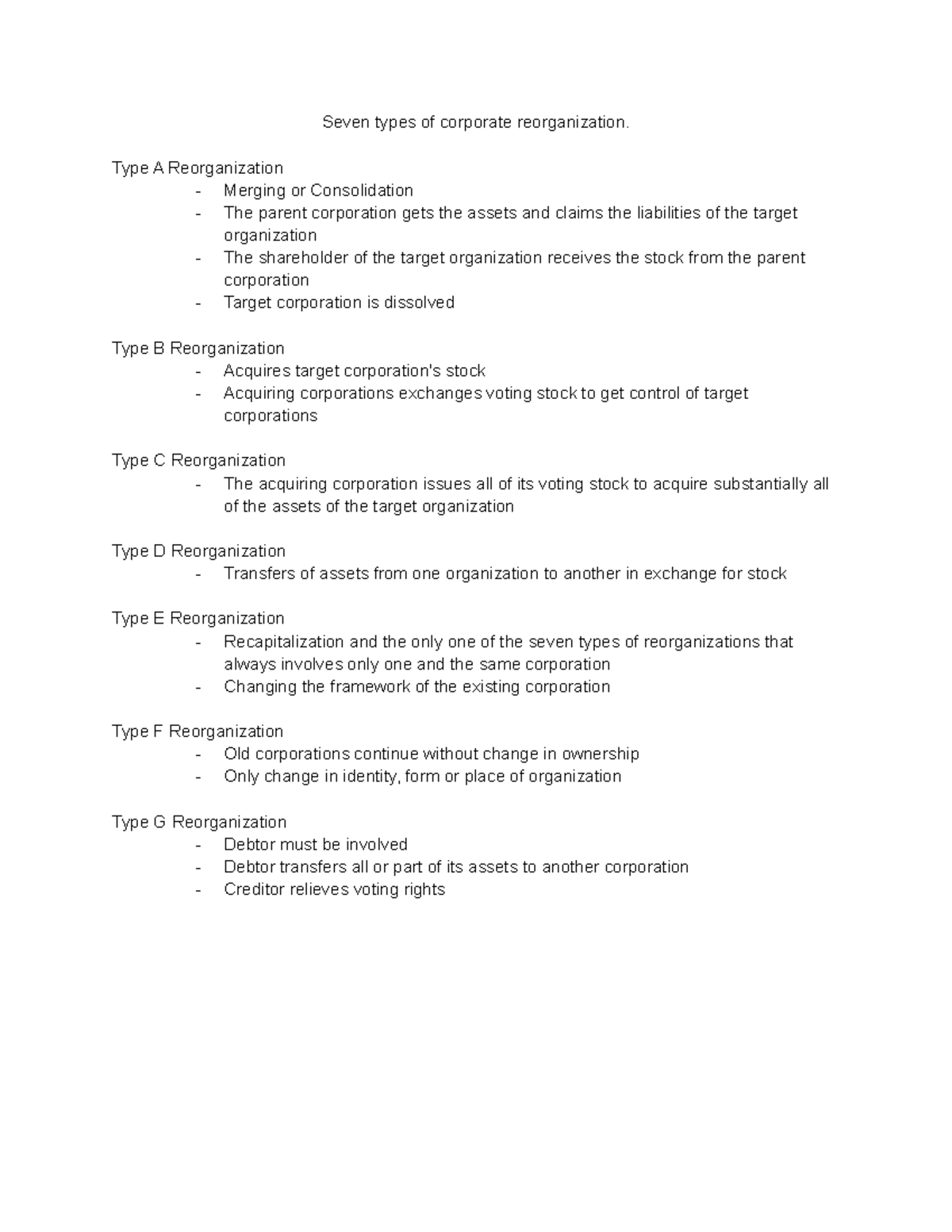 Types of Reorgin - Lecture notes Note - Seven types of corporate ...