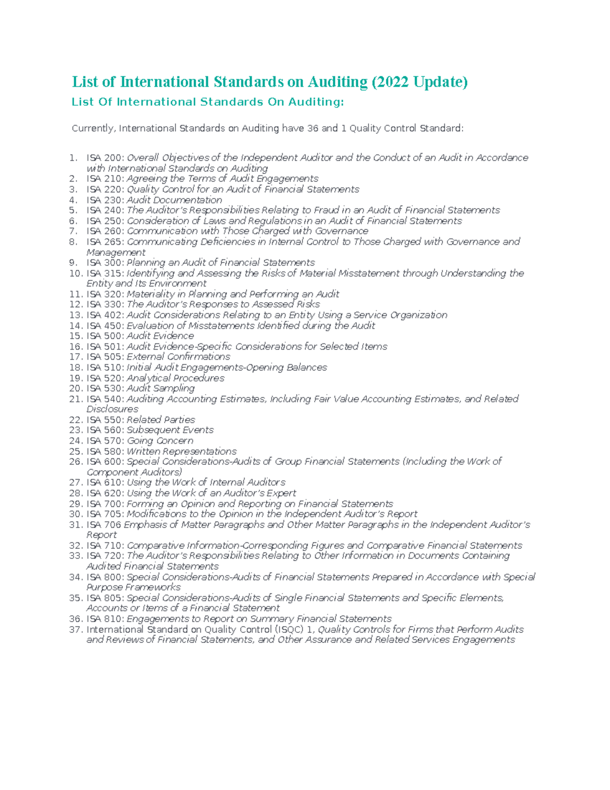 ISA List - ISA List for PL AAA - List of International Standards on ...