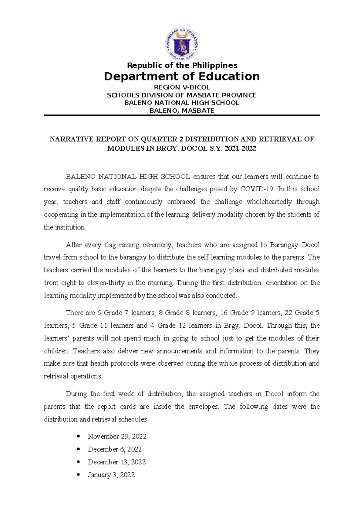 Narrative Report ON Distribution Retrieval Docol - Republic of the ...