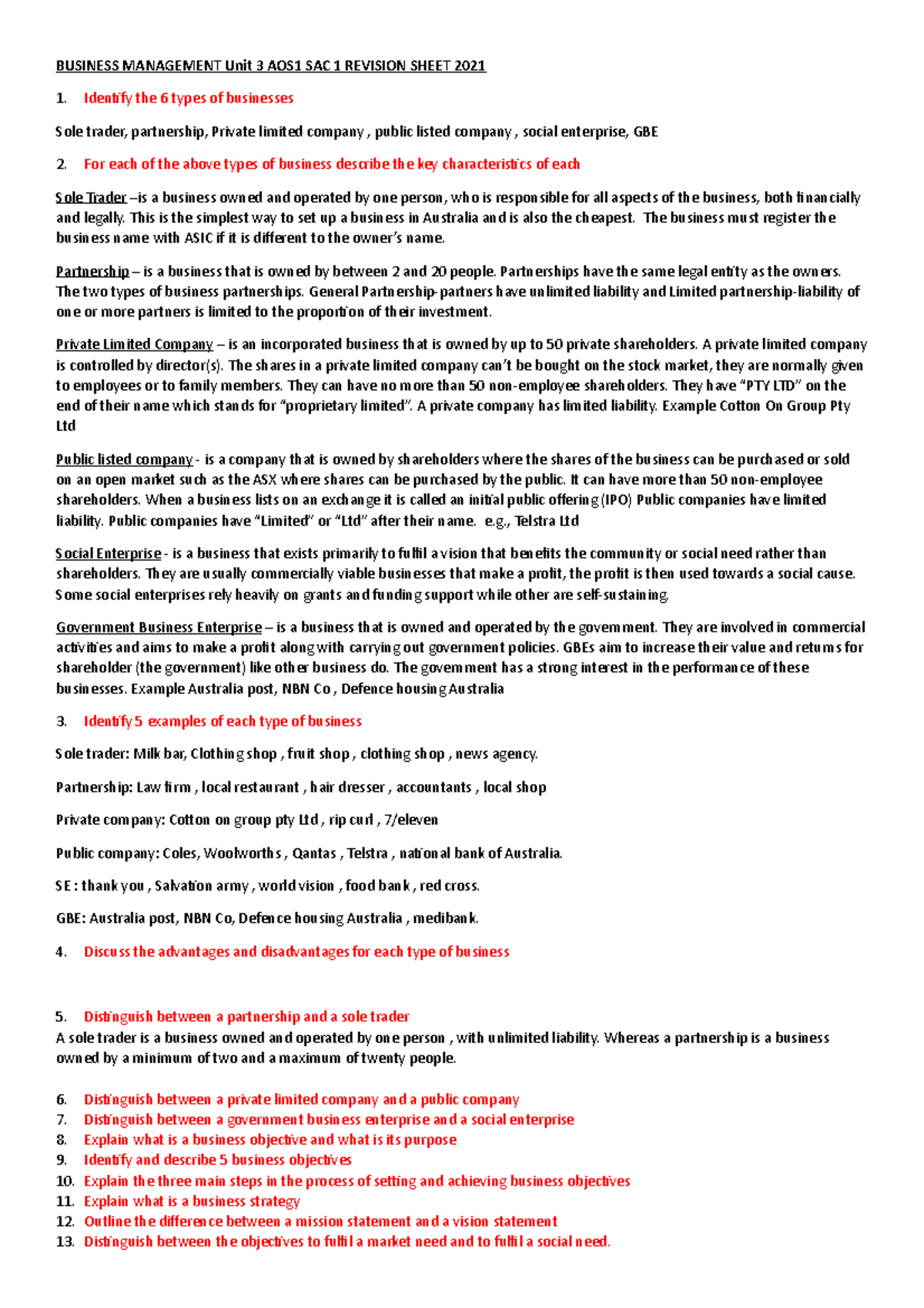 Business Management SAC1 Revision Sheet 2021 - BUSINESS MANAGEMENT Unit ...