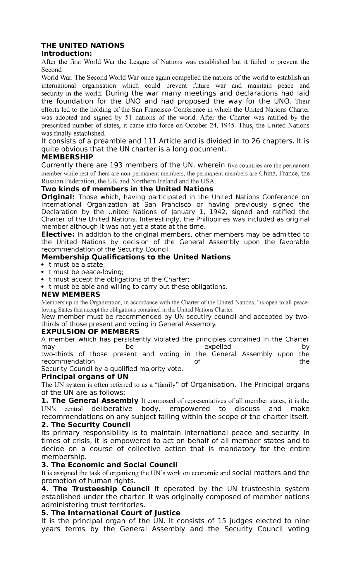 United Nations notes - THE UNITED NATIONS Introduction: After the first ...