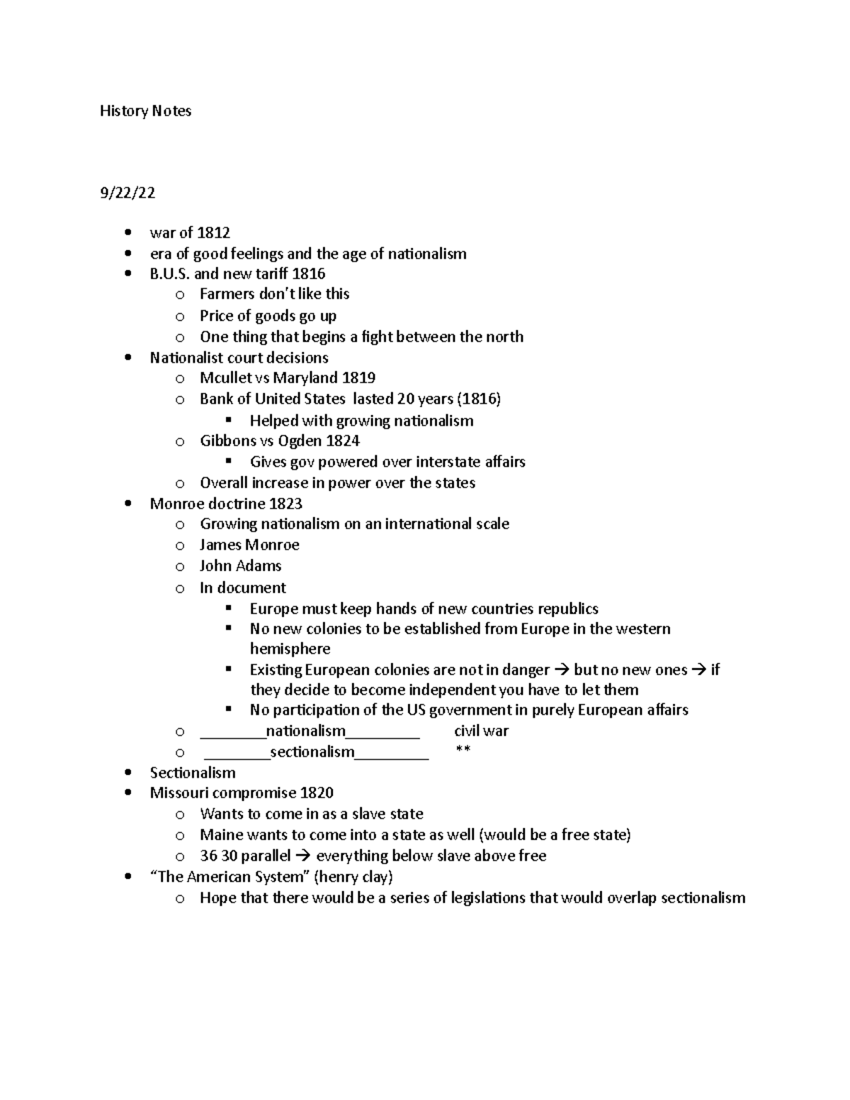 History Notes - History Notes 9/22/ war of 1812 era of good feelings ...