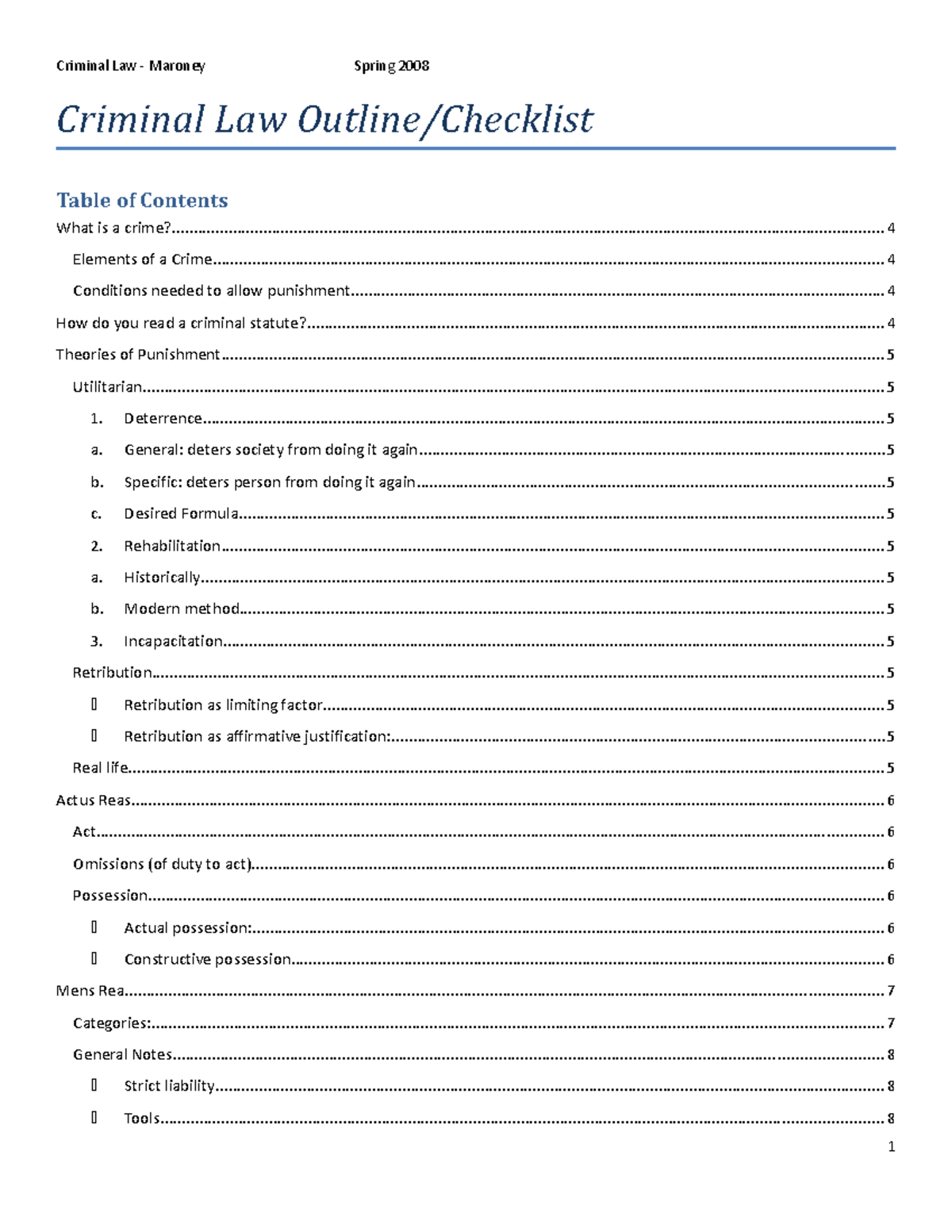 Criminal Law Outline - Criminal Law Outline/Checklist What is a - Studocu
