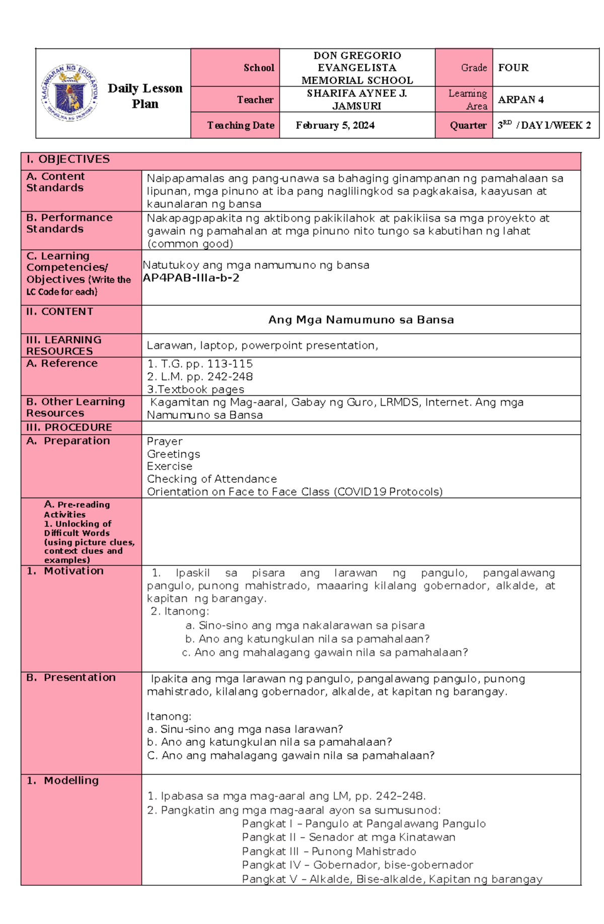 Q3 LP AP WEEK 2 DAY 1 3 - Daily Lesson Plan School DON GREGORIO ...