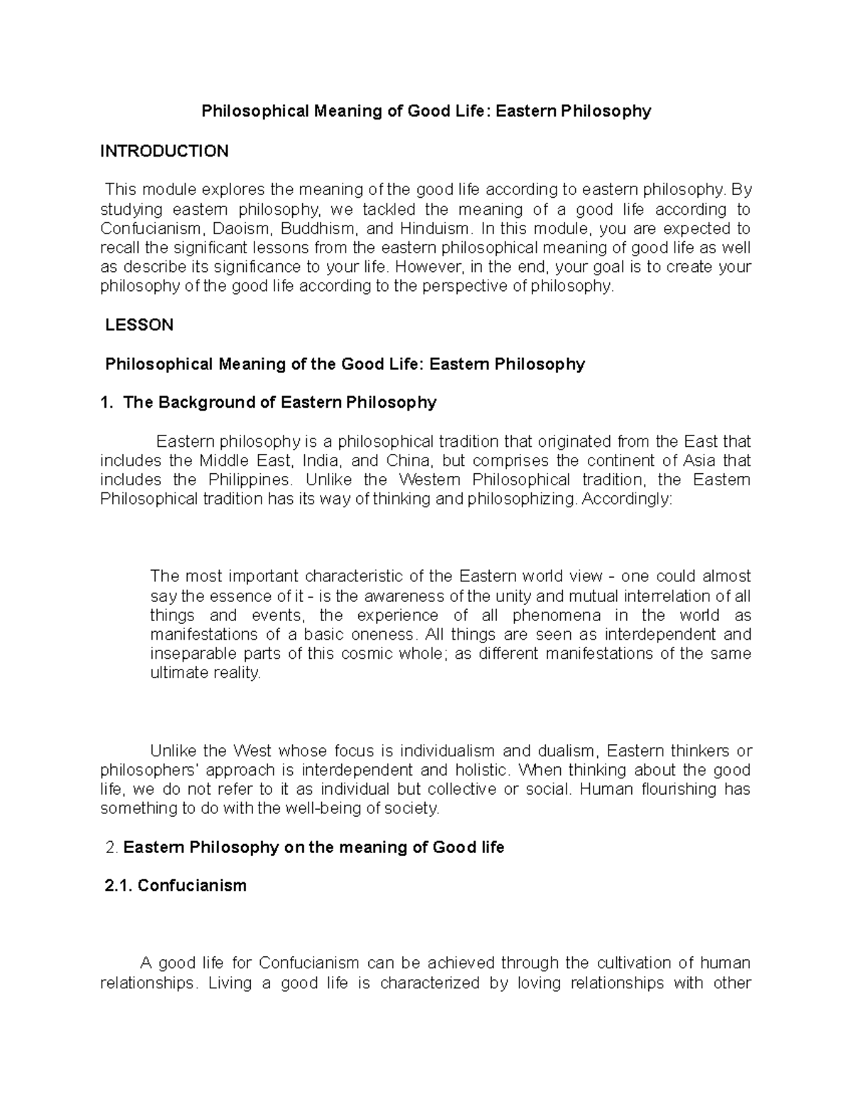 Philosophical Meaning of Good Life - Eastern Philosophy - Philosophical ...