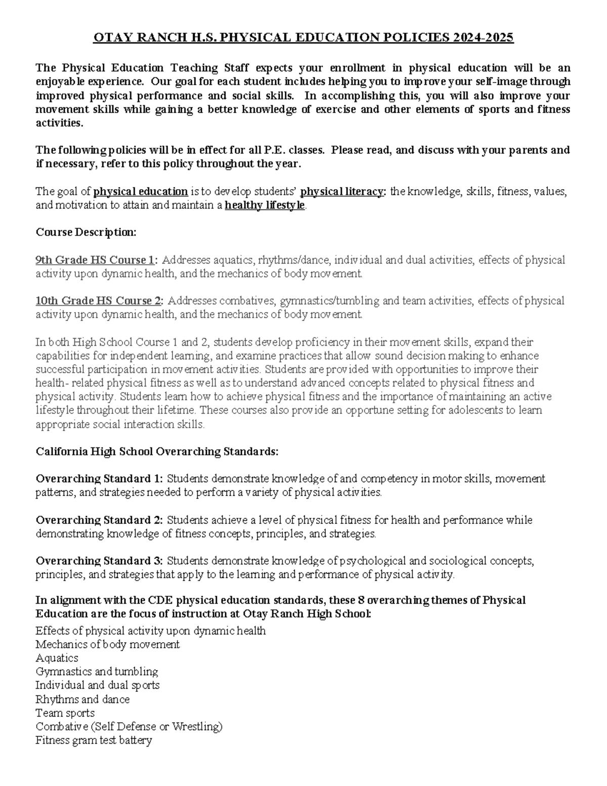 Grading Policy 24-25 - grade sheet - OTAY RANCH H. PHYSICAL EDUCATION ...