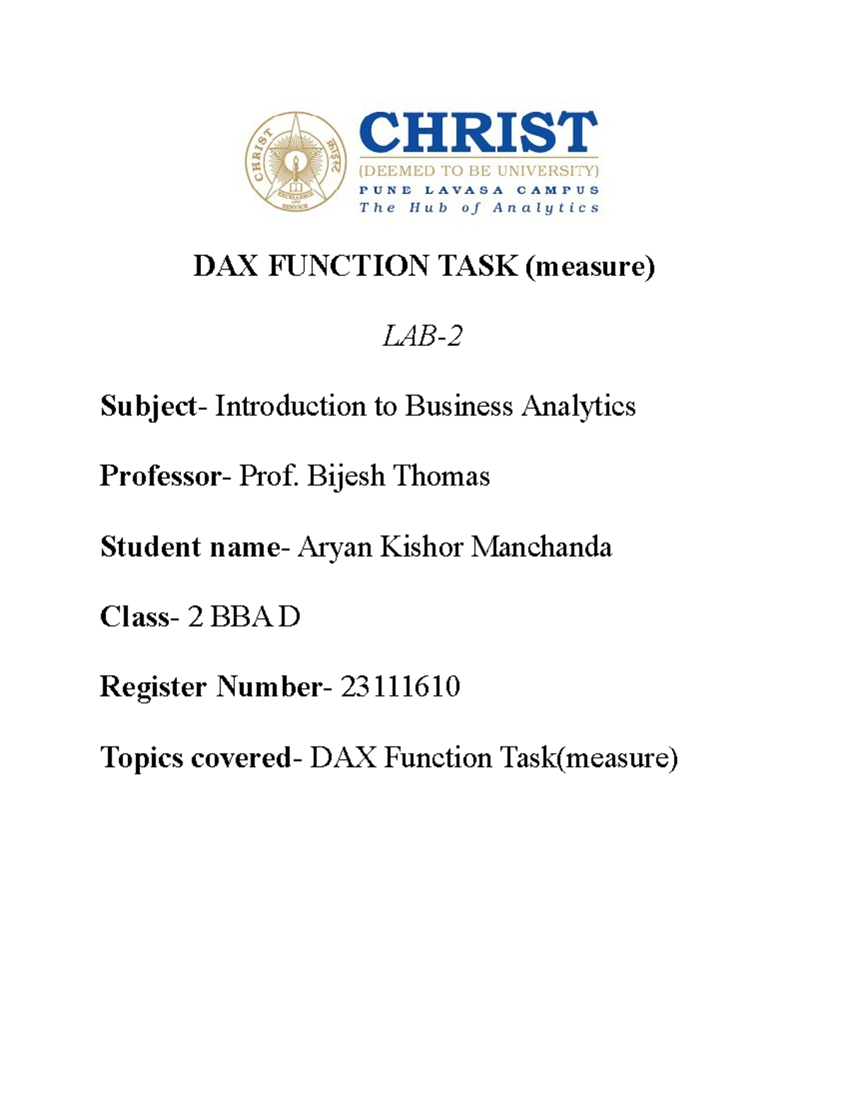 Lab Assignment-2 DAX Measure - DAX FUNCTION TASK (measure) LAB- Subject- Introduction to ...