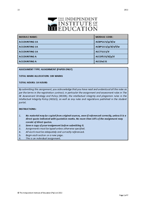ACBP5111 - Accounting 1A - Studocu