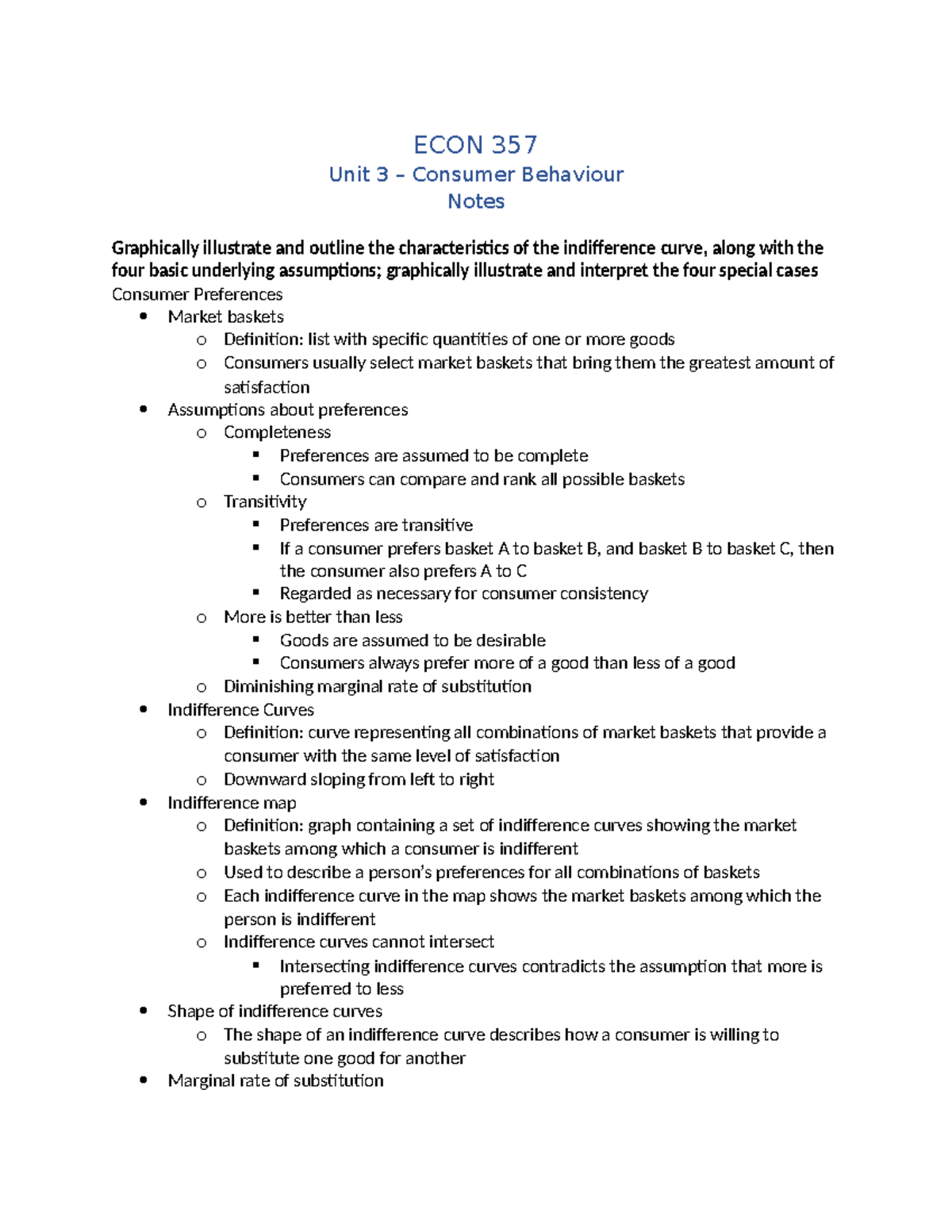 Unit 3 – Consumer Behaviour - ECON 357 Unit 3 – Consumer Behaviour ...