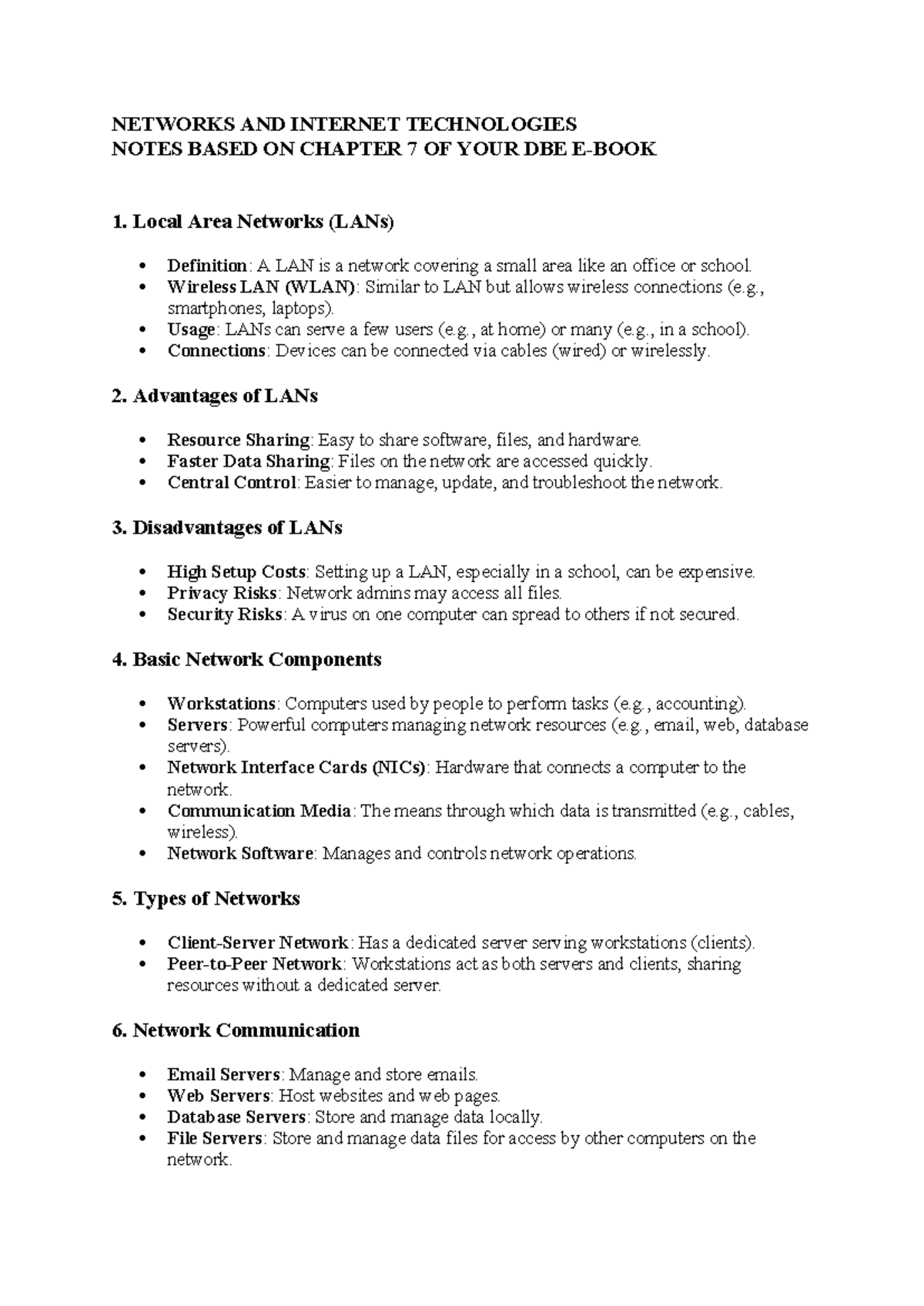Networks AND Internet Technologies Study Notes Chapter 7 - NETWORKS AND ...