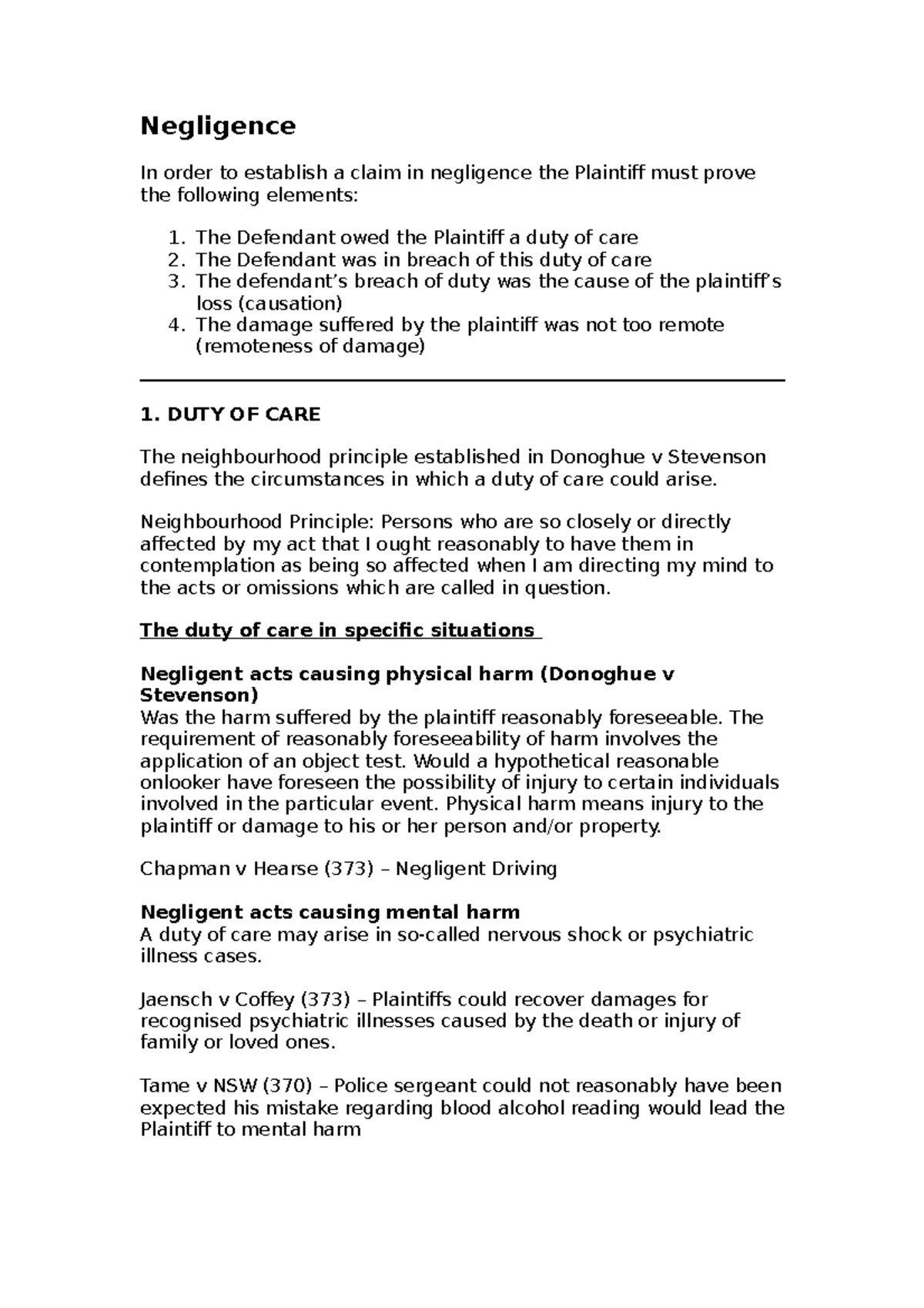 Negligence Notes - Negligence In order to establish a claim in ...