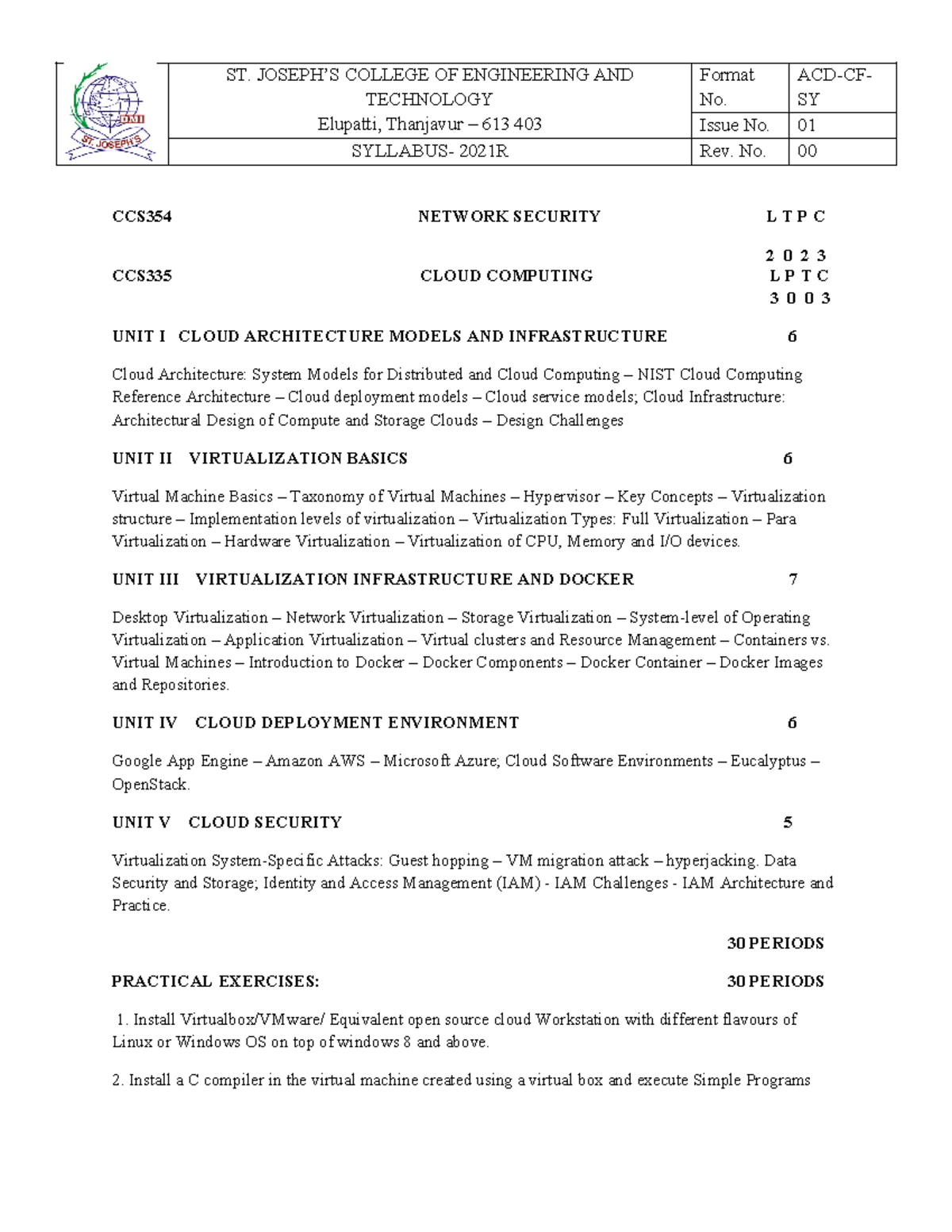 Ccs335 Cloud Computing Syllabus Ccs354 Network Security L T P C 2 0 2 3 Ccs335 Cloud Computing
