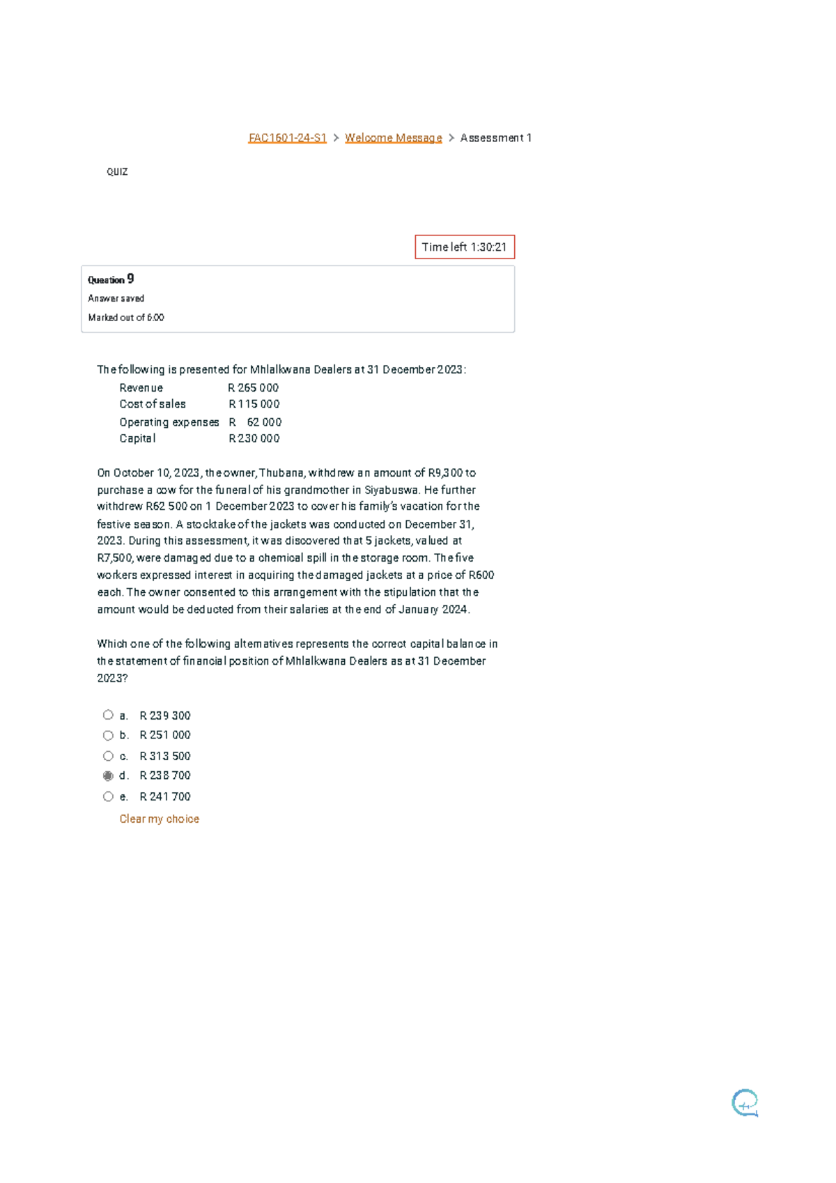 Assessment 1 (page 3 of 9) - FAC1601-24-S1 Welcome Message Assessment 1 Question 9 Answer saved ...