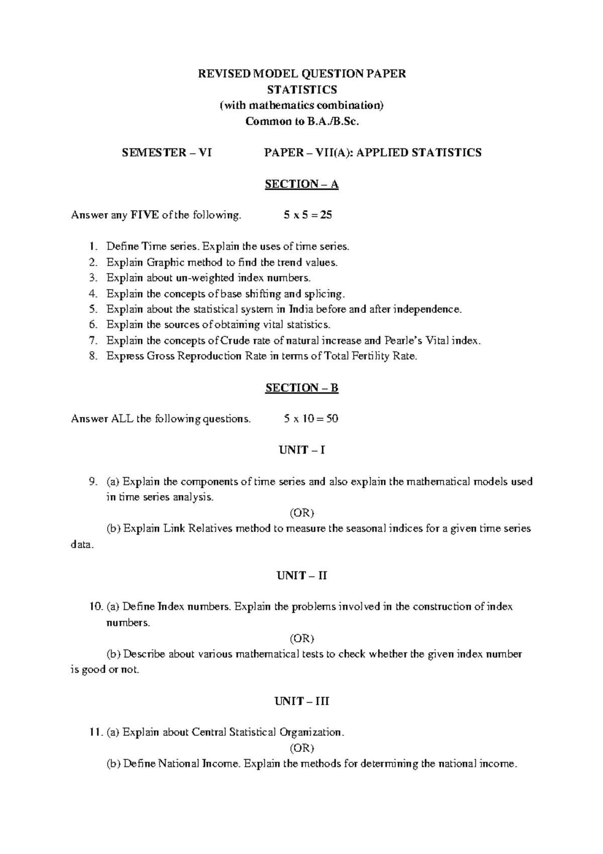 Statrevquespaper - STATS QUESTION PAPERS - REVISED MODEL QUESTION PAPER ...