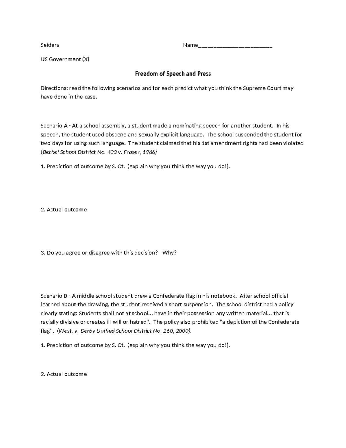 Scenarios on Free Speech - Seiders Name________________________ US ...