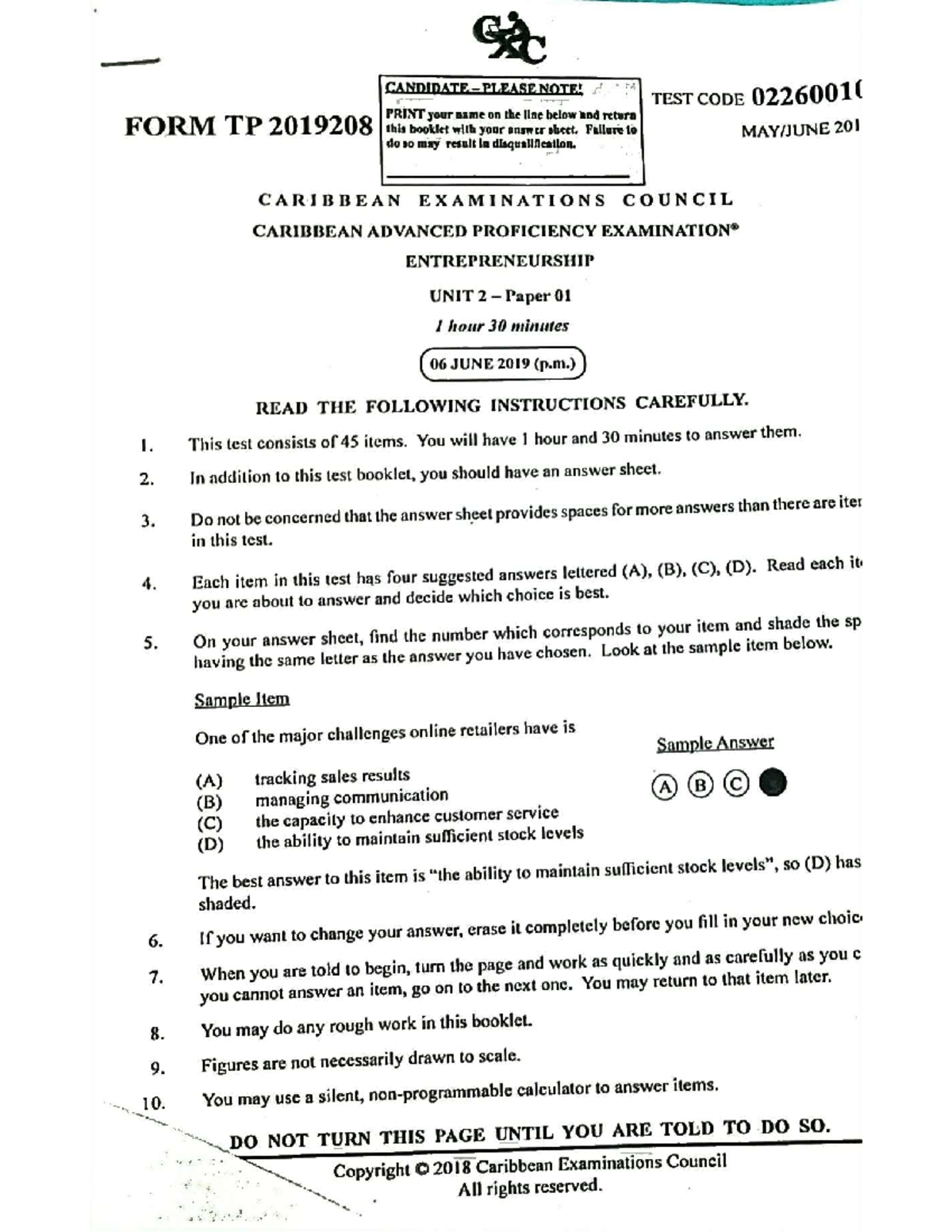 CAPE Entrep unit 2 P1 2019 - Entrepreneurship & Small Business Management - Studocu