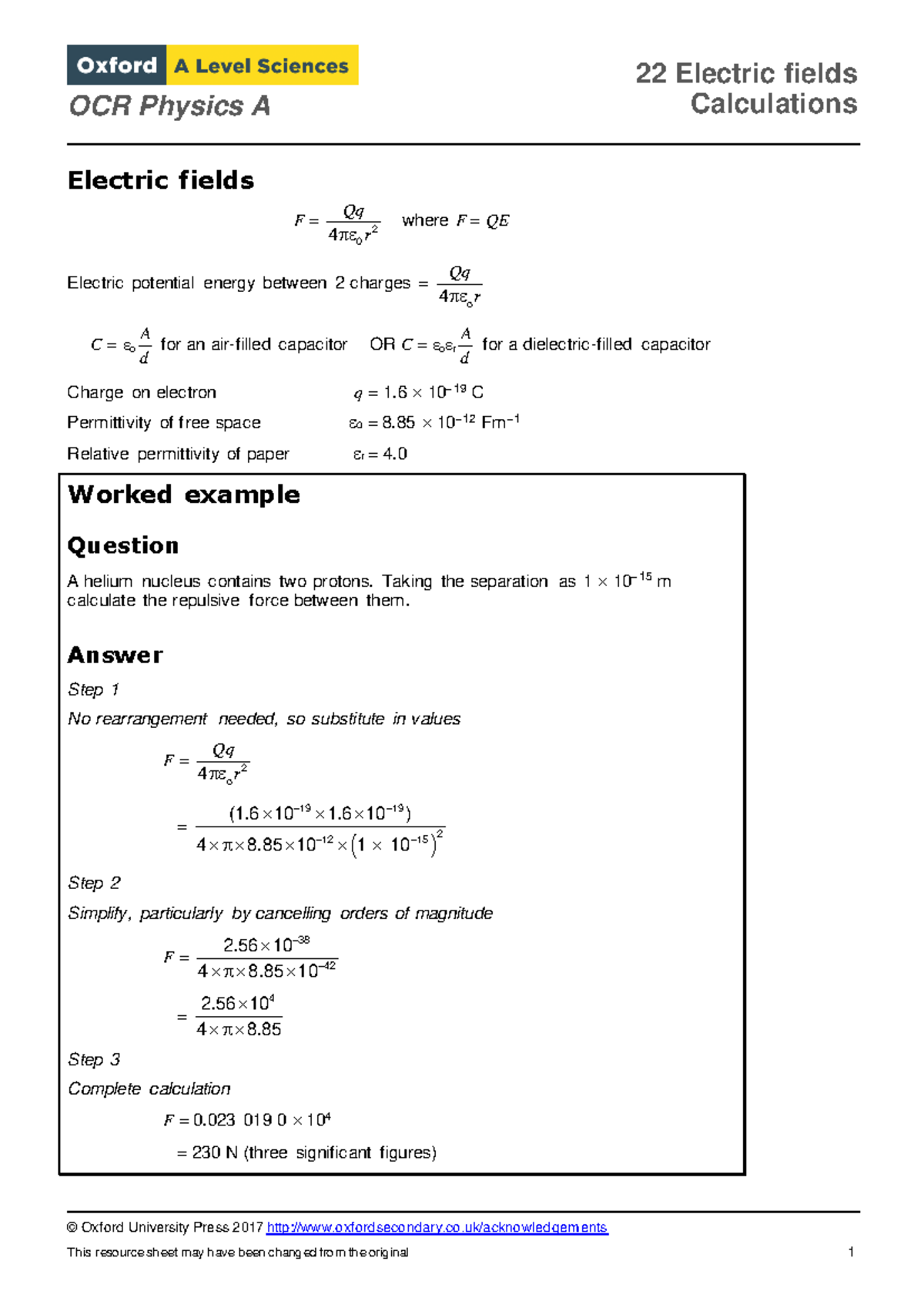 Electric Fields Calculations - OCR Physics A Calculations © Oxford ...
