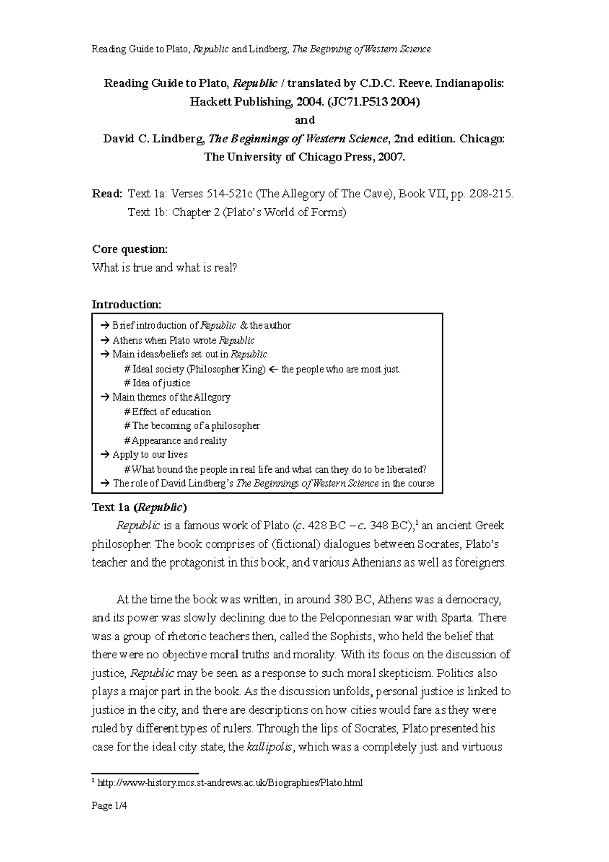 01Reading Guide-Plato-Lindberg - Reading Guide to Plato, Republic ...