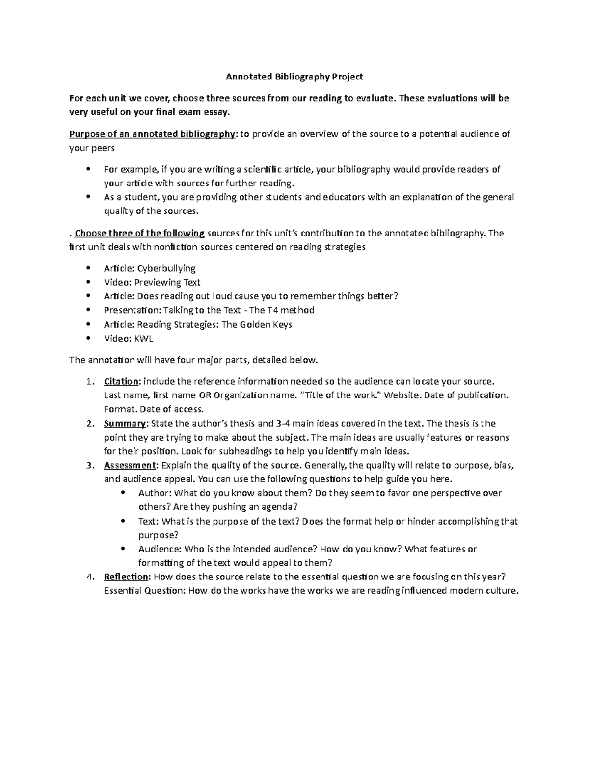 Annotated Bibliography Project - These evaluations will be very useful ...