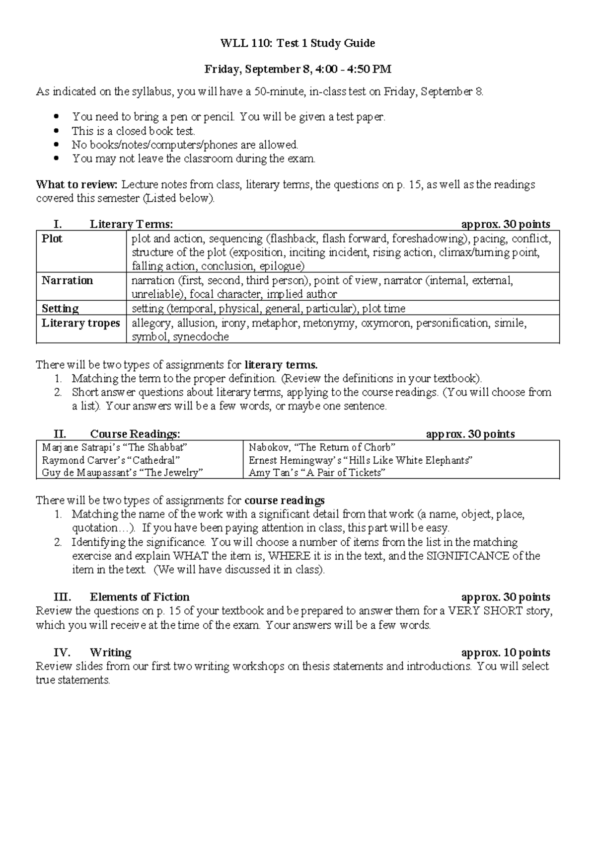 WLL 110 test 1 study guide - WLL 110: Test 1 Study Guide Friday ...