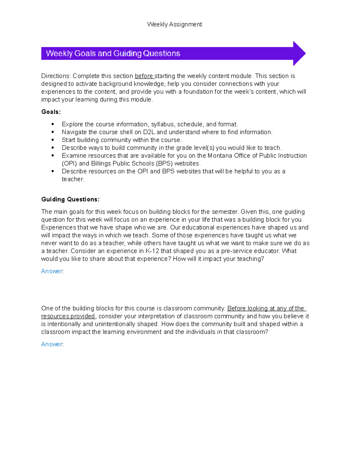 Week 1 Fall 21 - Week one assignment - Directions: Complete this ...
