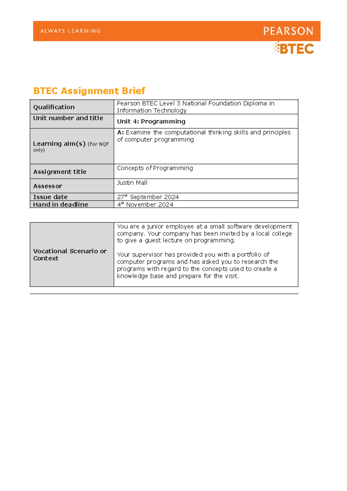 Unit 4 - Programming - LA - A - BTEC Assignment Brief Qualification ...