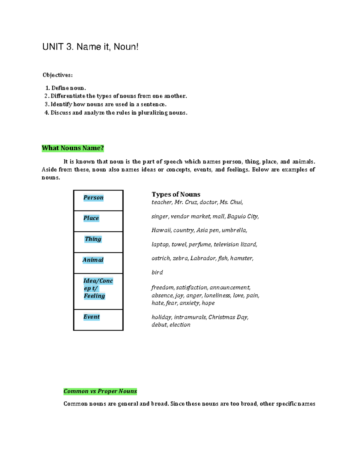 Name it, Noun!, Define noun. - UNIT 3. Name it, Noun! Objectives ...