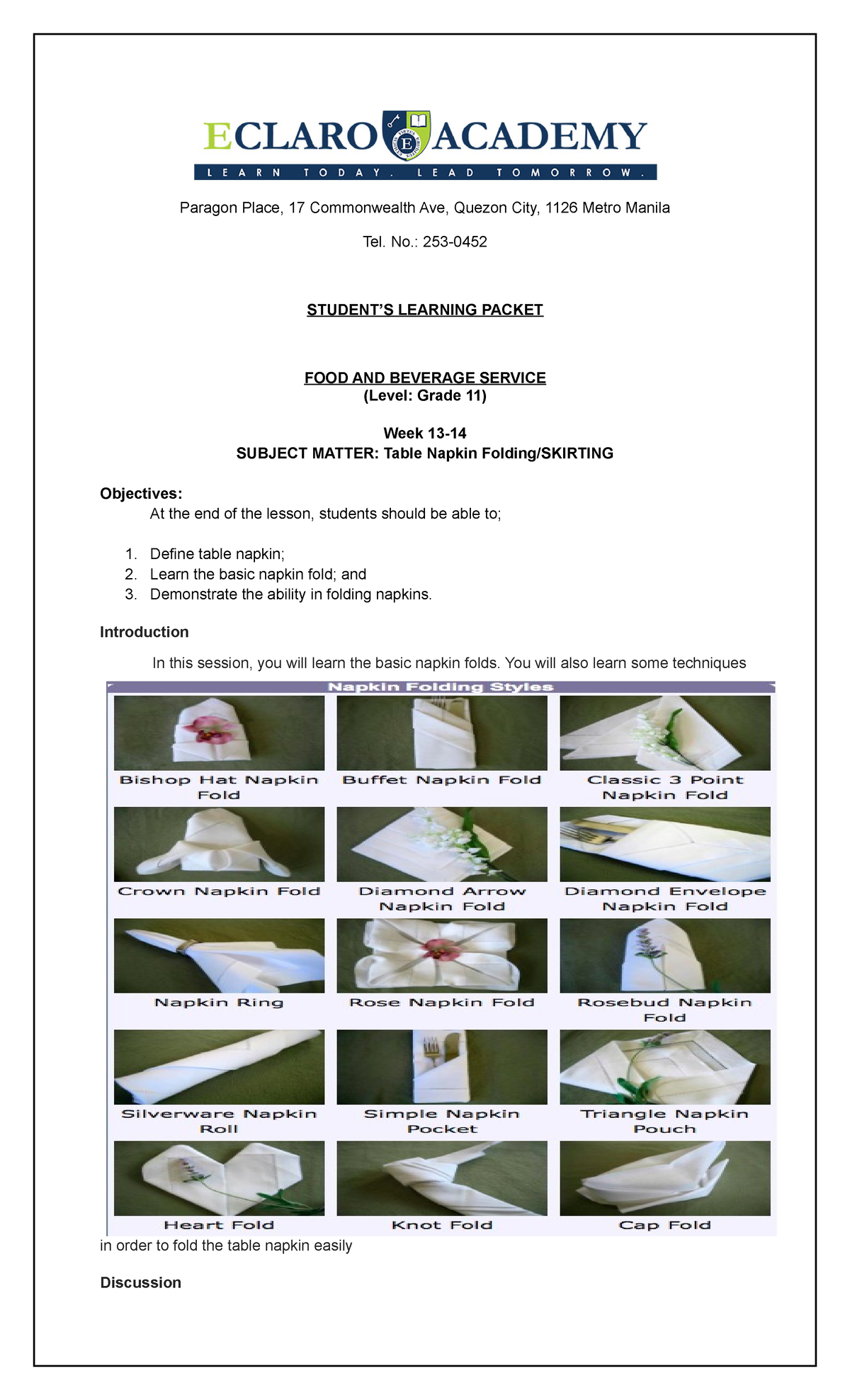 WEEK 13-14 Table Napkinand Skirting - Paragon Place, 17 Commonwealth ...