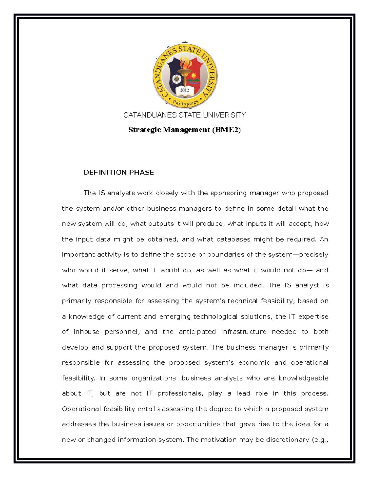 Strategic Management Initiating NEW Systems Projects - CATANDUANES ...