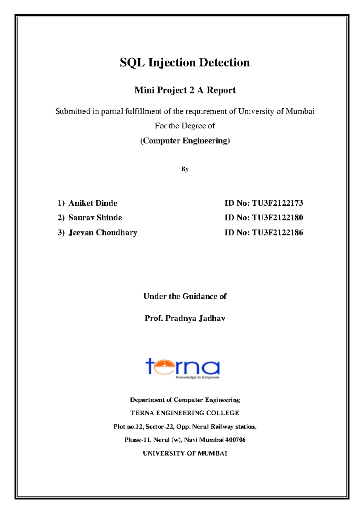 CCL Mini Project Report - SQL Injection Detection Mini Project 2 A ...