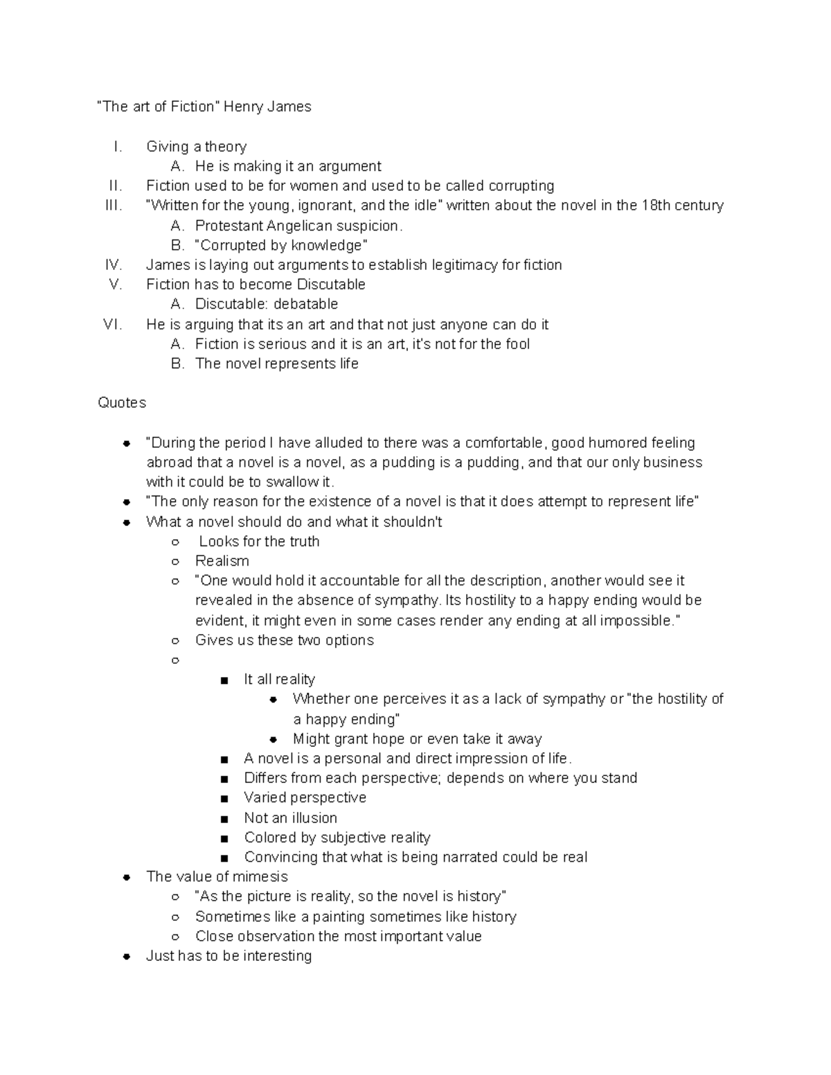 first half of the course notes - “The art of Fiction” Henry James I ...