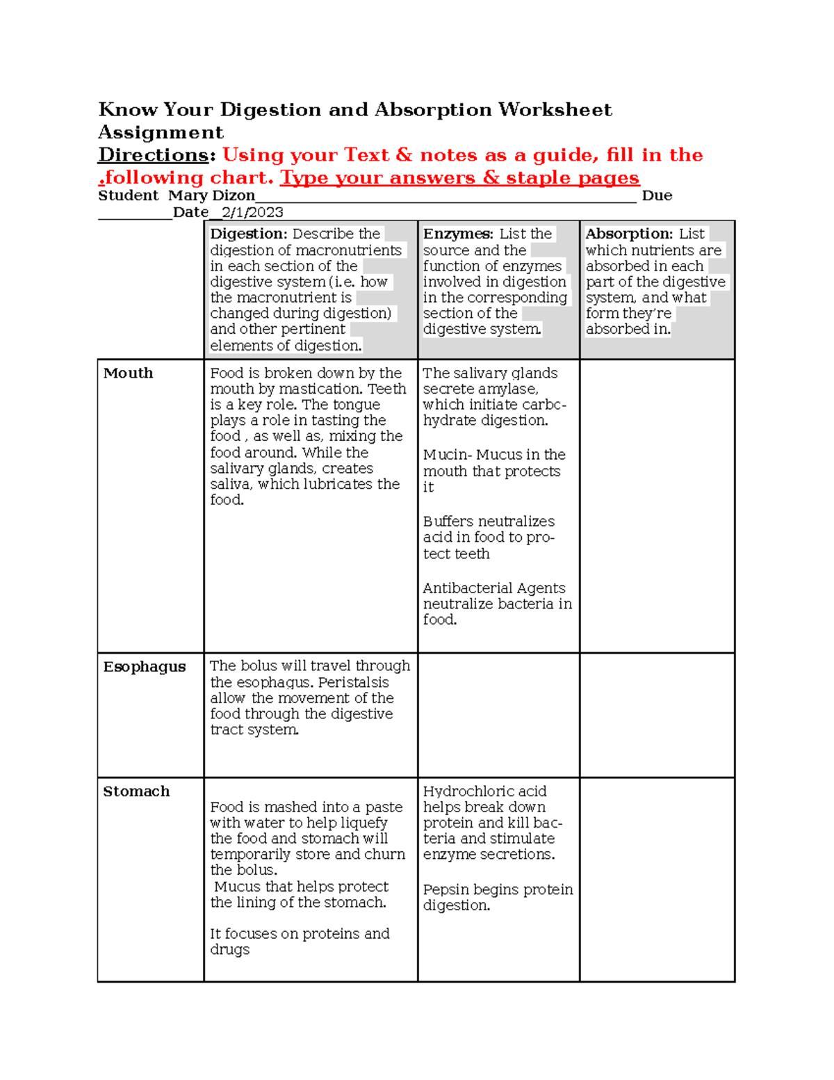 Digestion Assignment-2 - Know Your Digestion and Absorption Worksheet ...