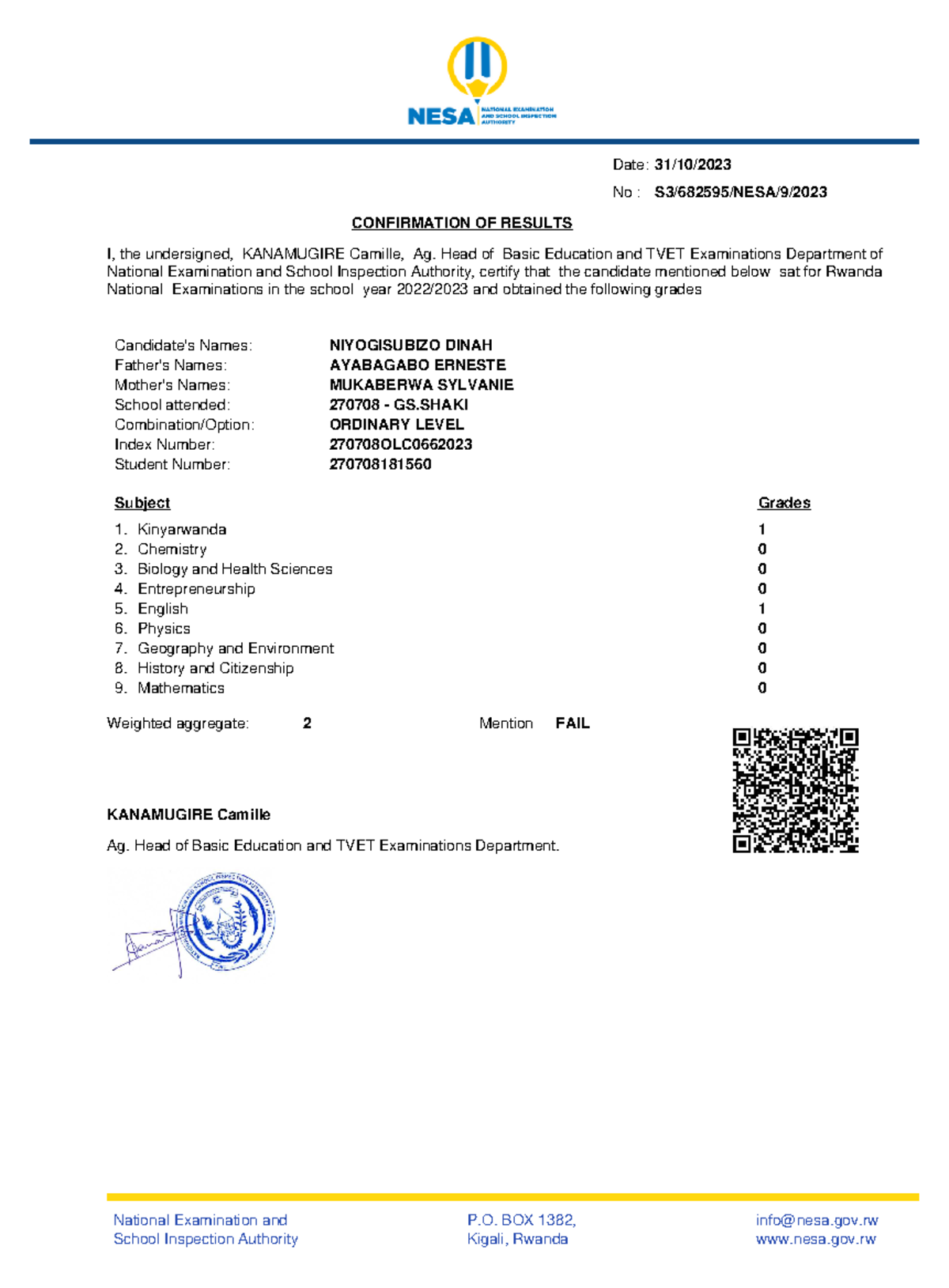 Result Slip - CONFIRMATION OF RESULTS Date: 31/10/ Index Number: School ...