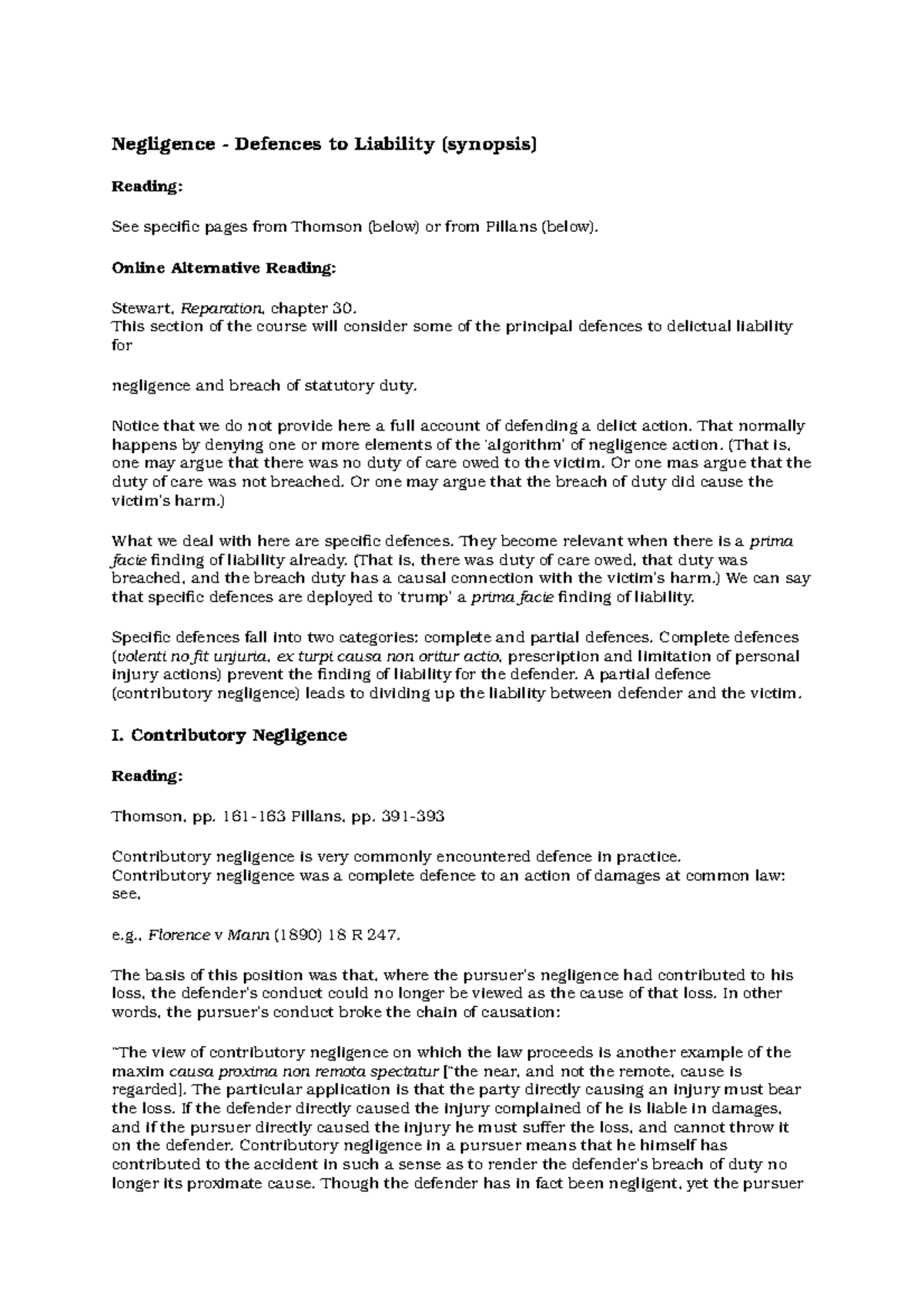 Delict 5 - Lecture notes 10 - Negligence - Defences to Liability ...
