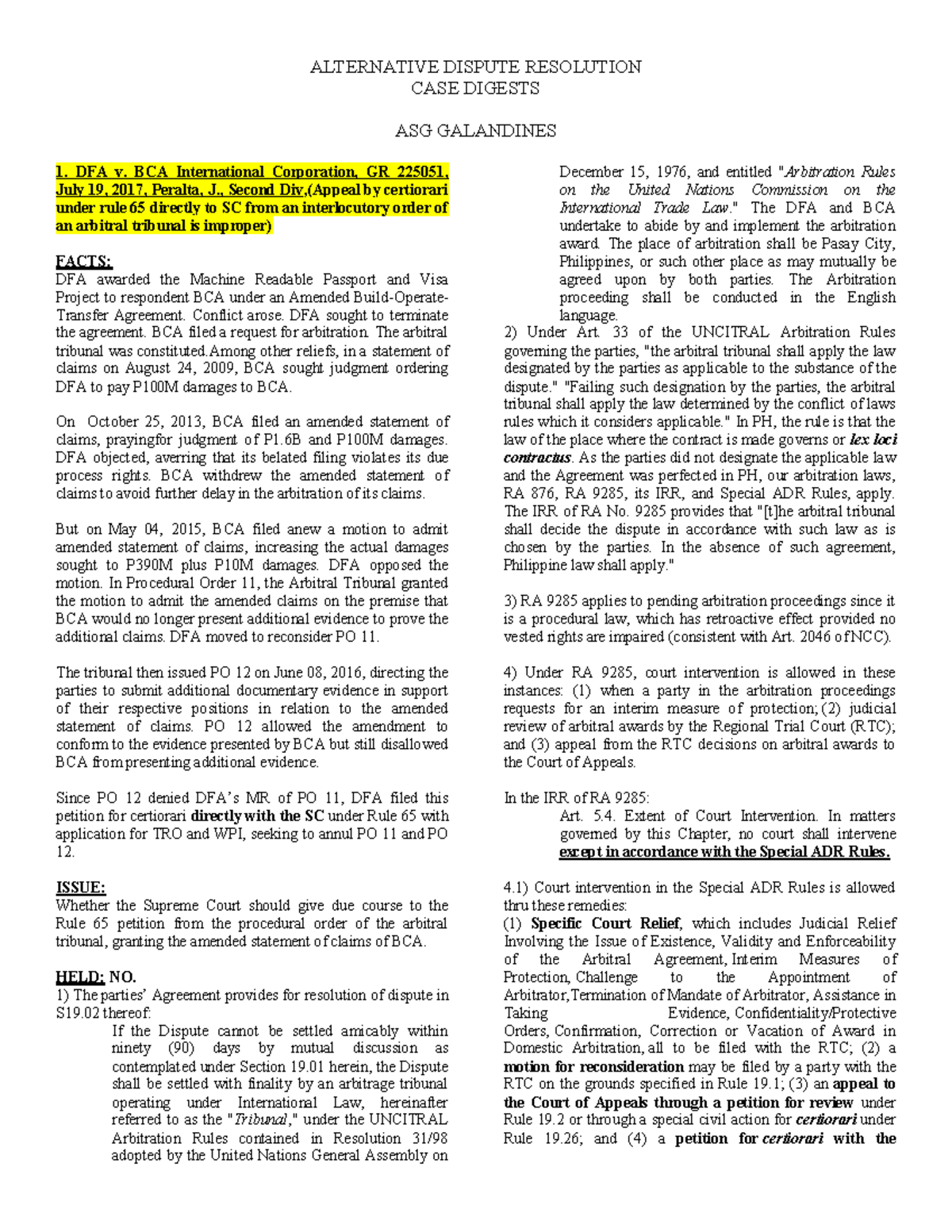ADR Digests ASG AJL Notes - CASE DIGESTS ASG GALANDINES DFA v. BCA ...