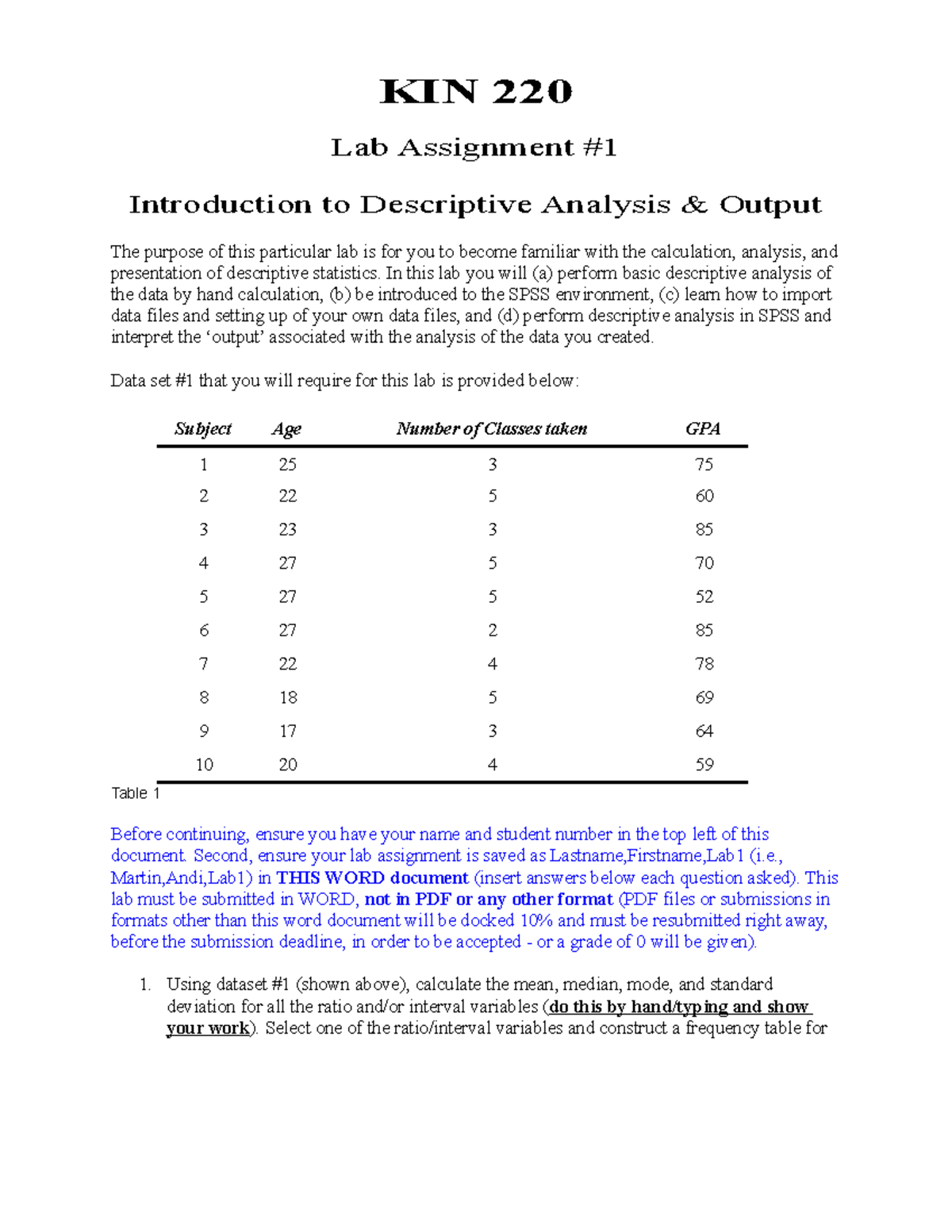 Kin 220 assignment 1 - KIN 220 Lab Assignment Introduction to ...