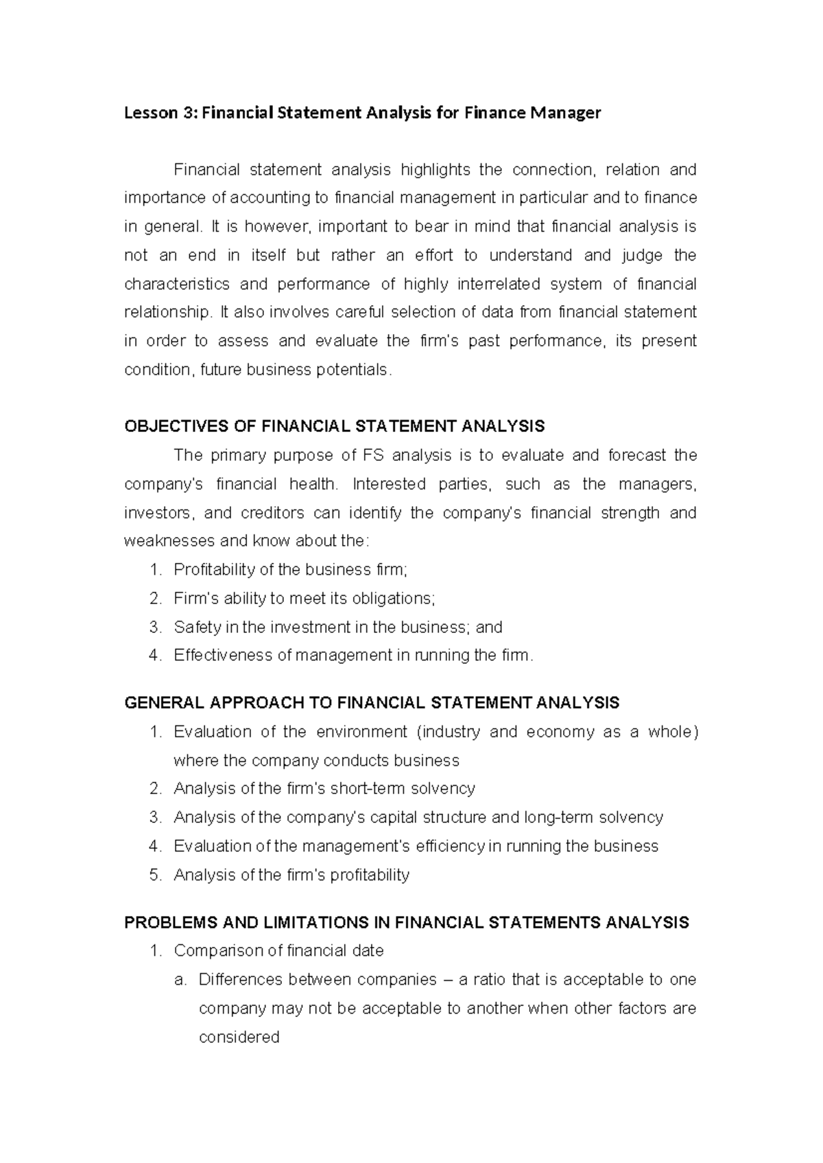 Lesson 3 financial management - Lesson 3: Financial Statement Analysis ...