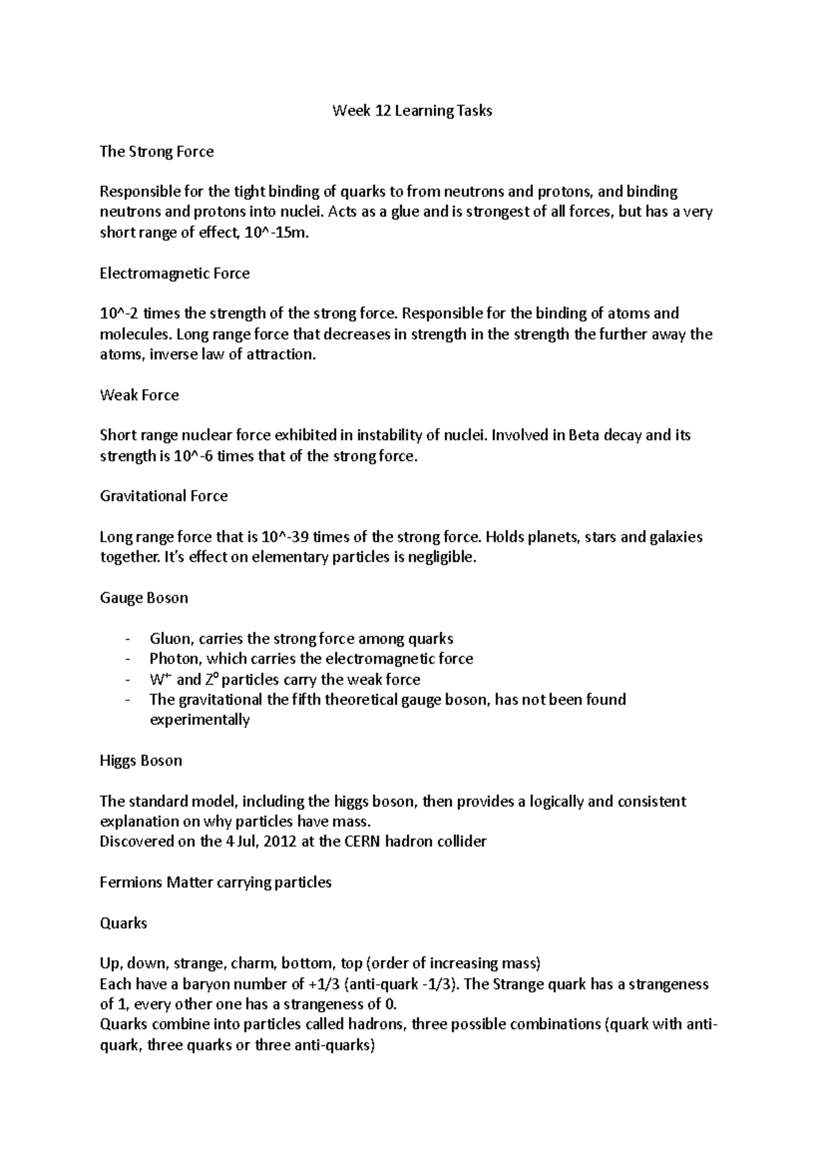 Week 12 Physics - Notes on the 5 fundamental forces. - Week 12 Learning ...