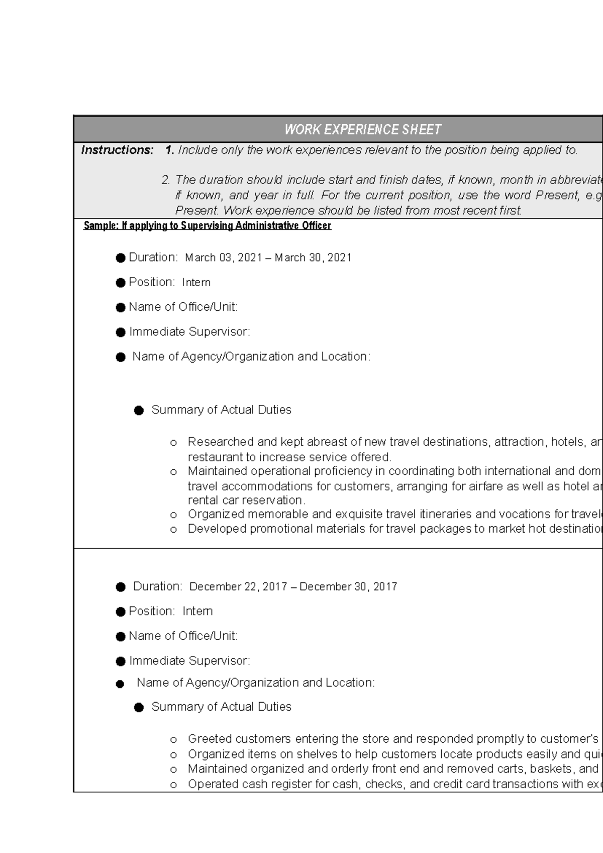 CS Form No (1) sample - BSBA - WORK EXPERIENCE SHEET Instructions: 1 ...