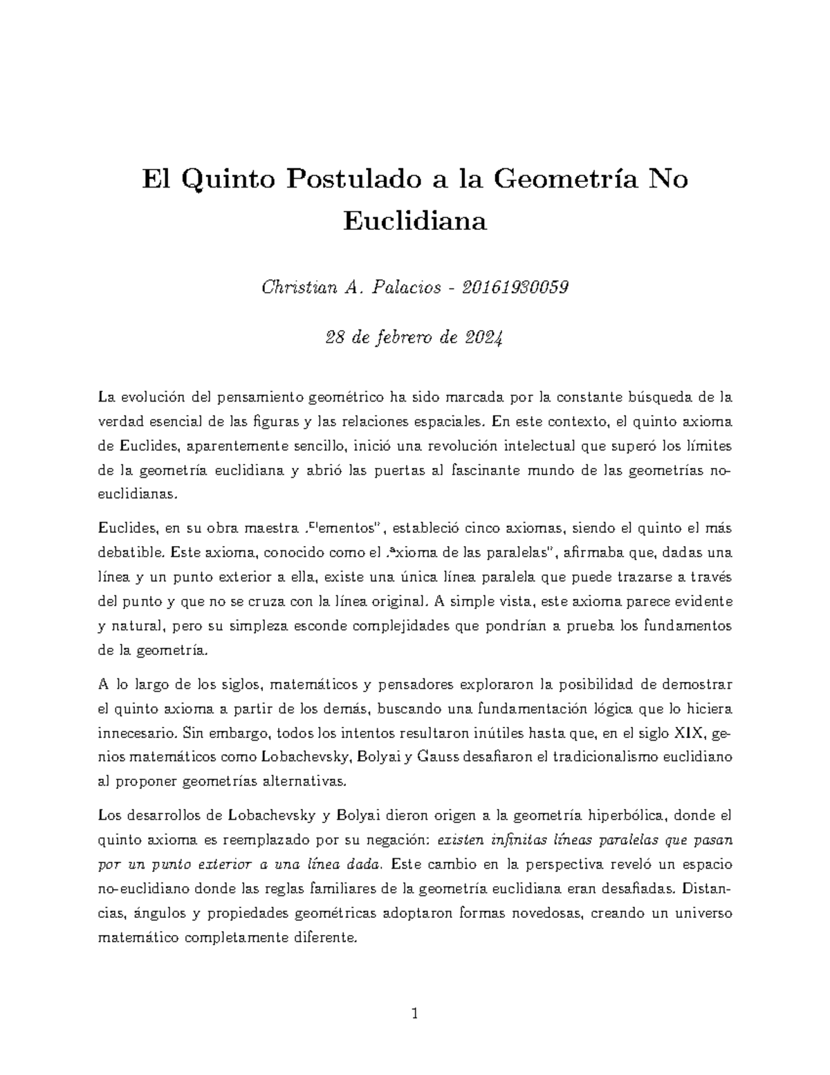 El quinto postulado a la geometría euclidiana - El Quinto Postulado a la Geometr ́ıa No ...