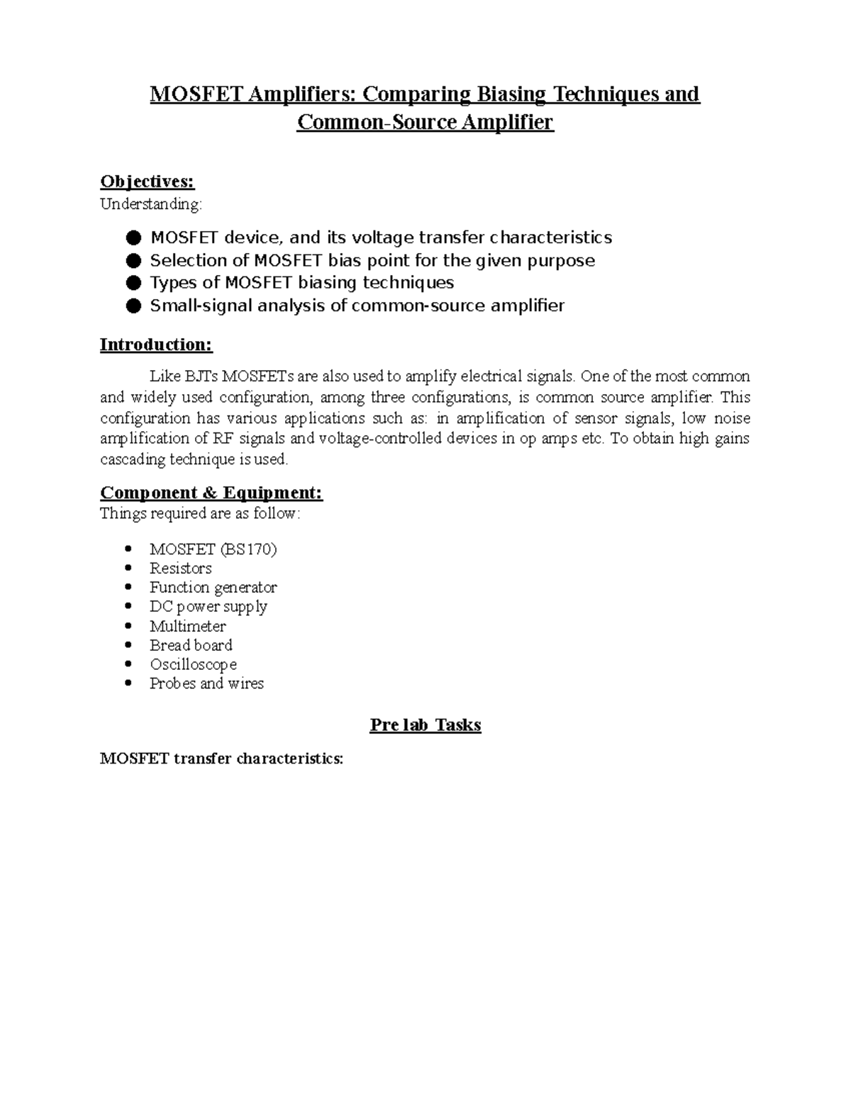 Lab report 3 - MOSFET Amplifiers: Comparing Biasing Techniques and ...