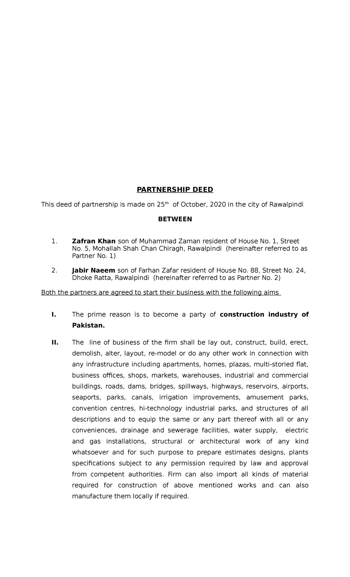 Partnership Deed Format in English (Construction) - PARTNERSHIP DEED ...