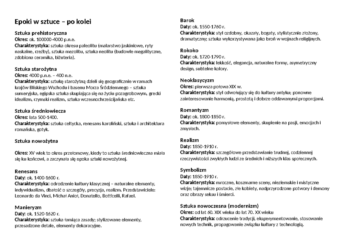 Epoki w sztuce - 100000-4000 p.n. Charakterystyka: sztuka okresu ...
