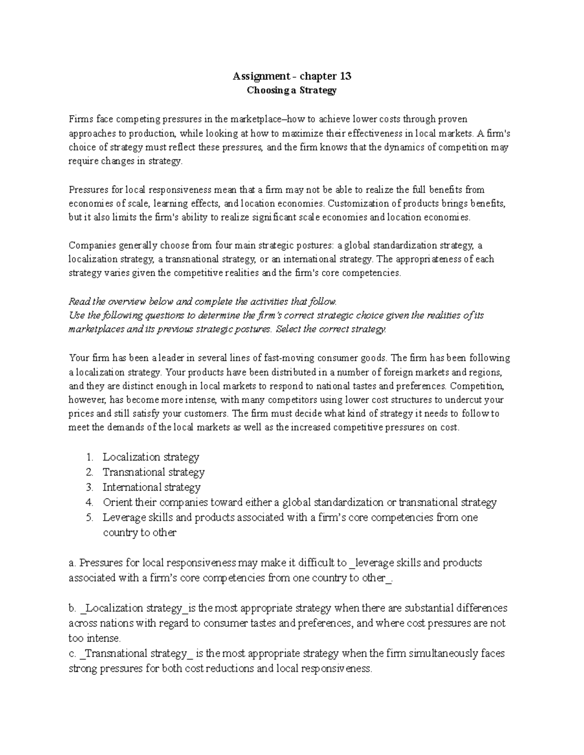 Assignment - chapter 13 Choosing a Strategy - A firm's choice of ...