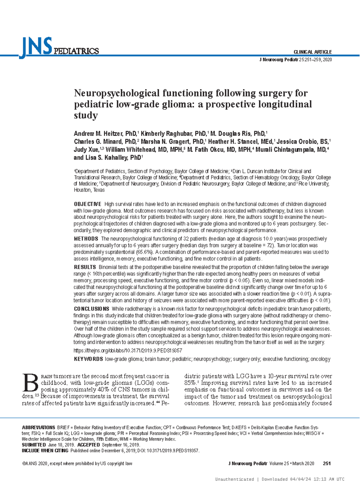 Neuropsychological functioning following surgery for pediatric lowgrade ...