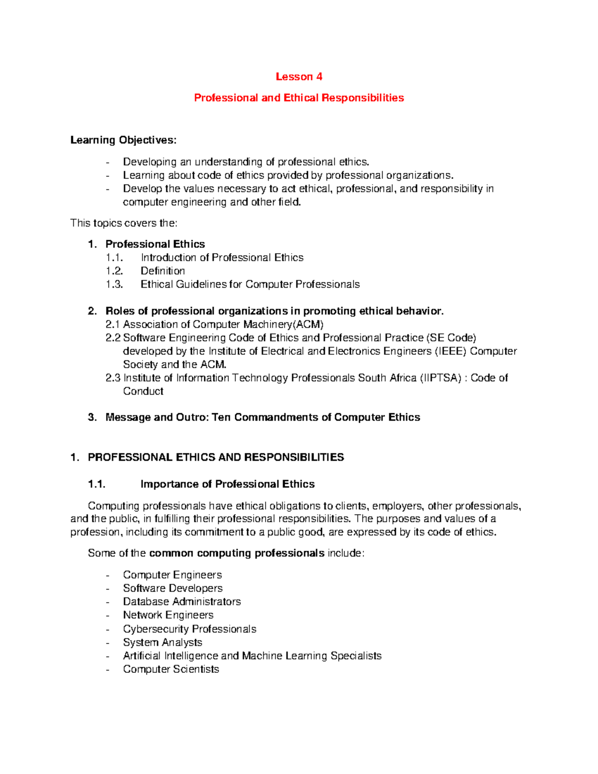 Lesson 4 Professional and Ethical Responsibilities CPE PC 3220 - Lesson ...