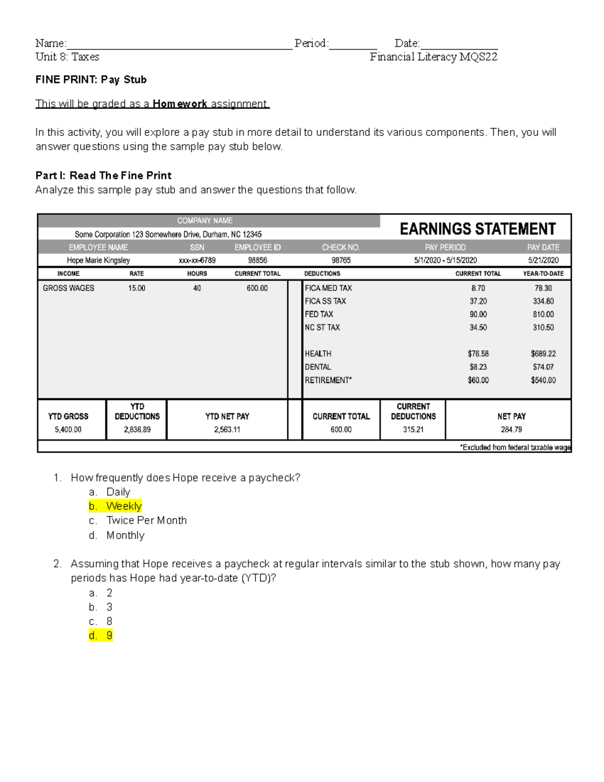 Erika Damian - 8.02 FINE Print Pay Stub - Worksheet - Name