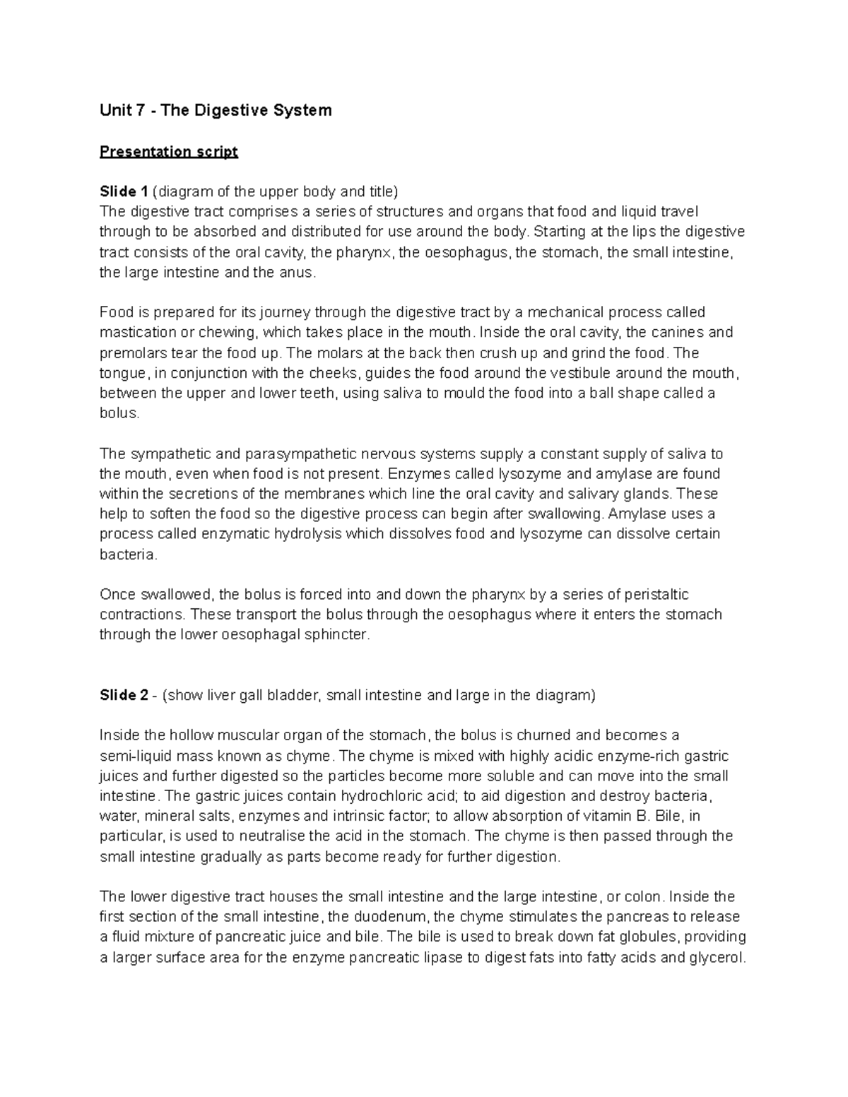Unit 7 - The Digestive System Question 1 - script - Unit 7 - The ...